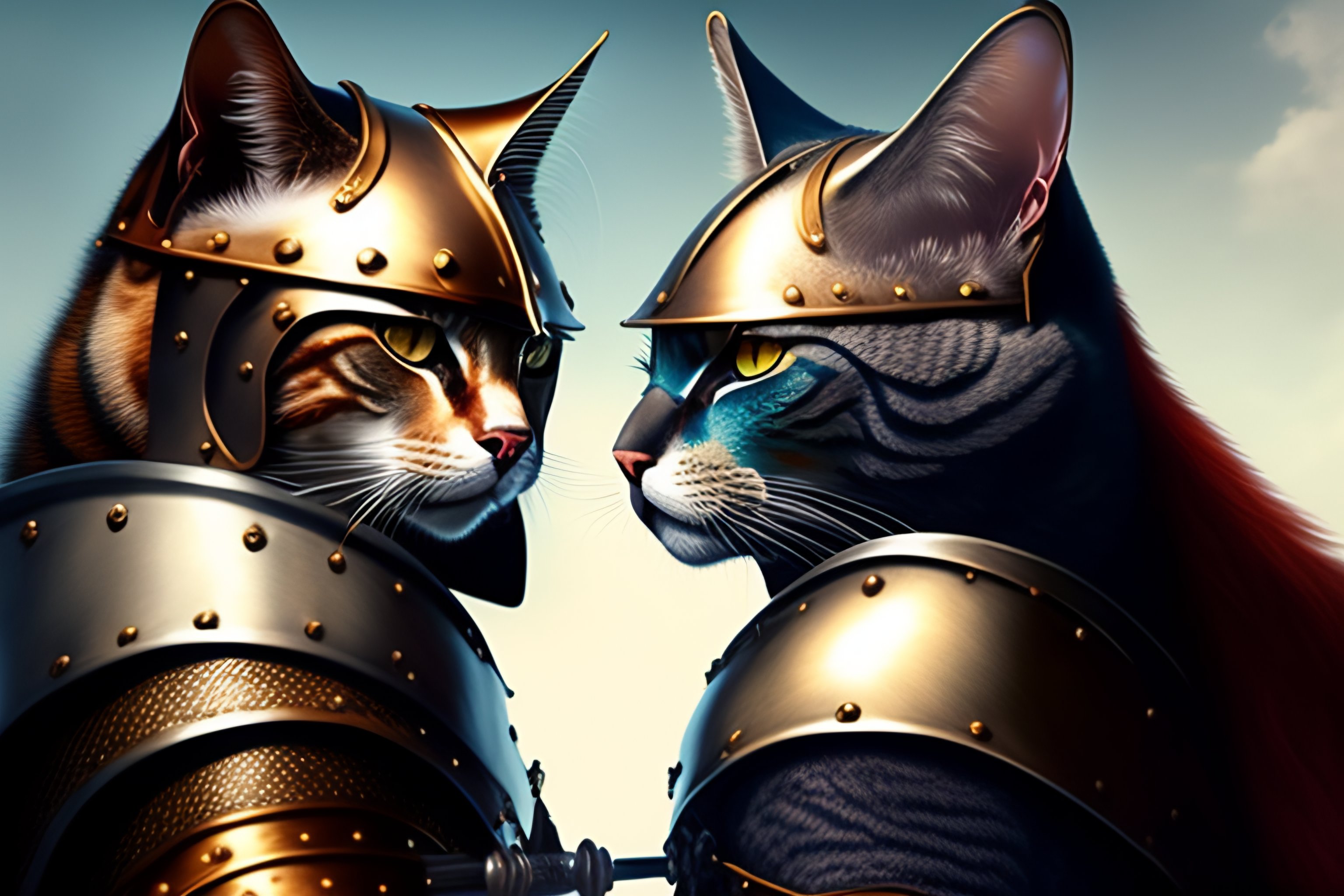 Lexica - Two knight british cats in armor fighting on swords