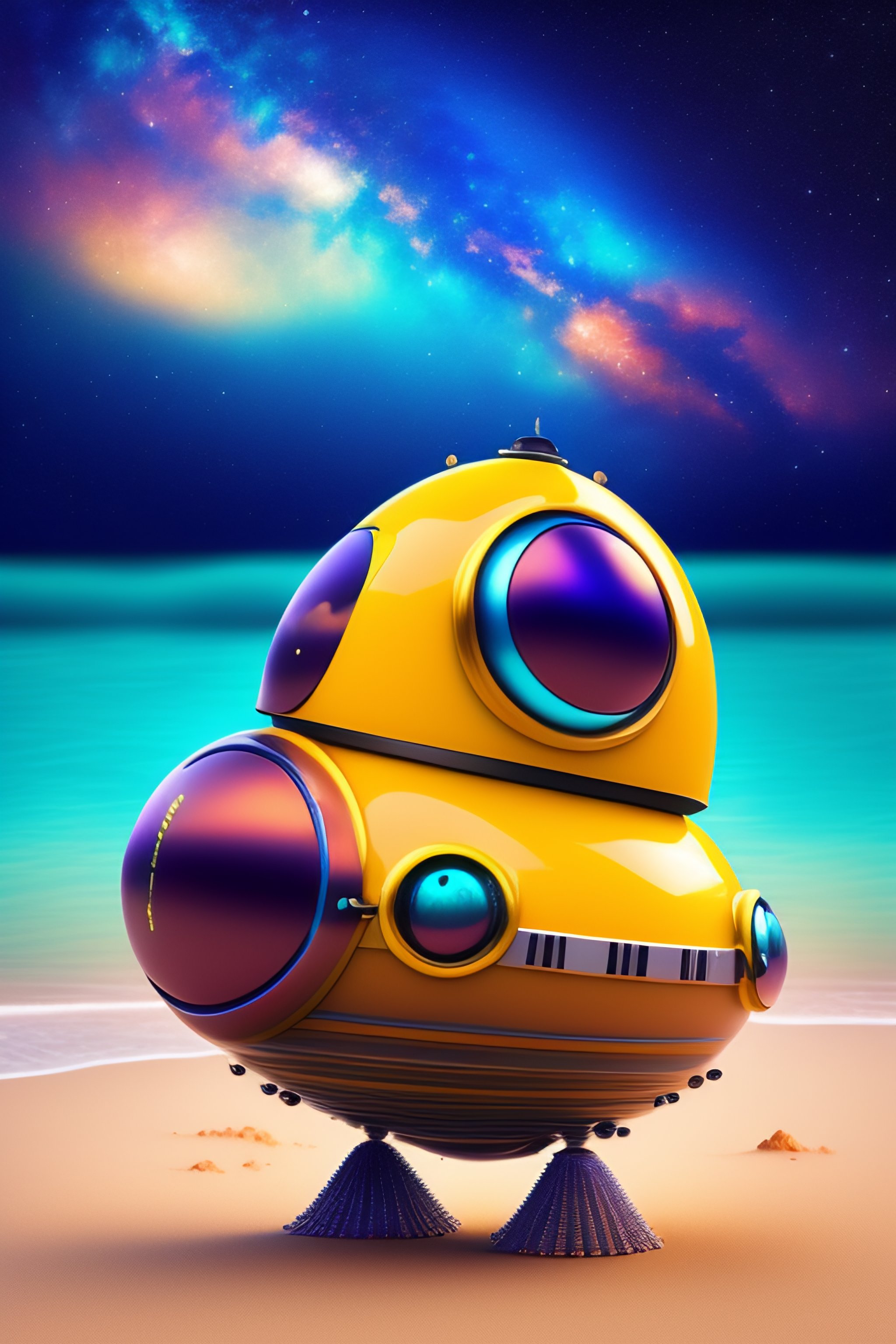 Lexica - Robot mussel with googley eyes, buff robot body, sea shell, galaxy, movie poster