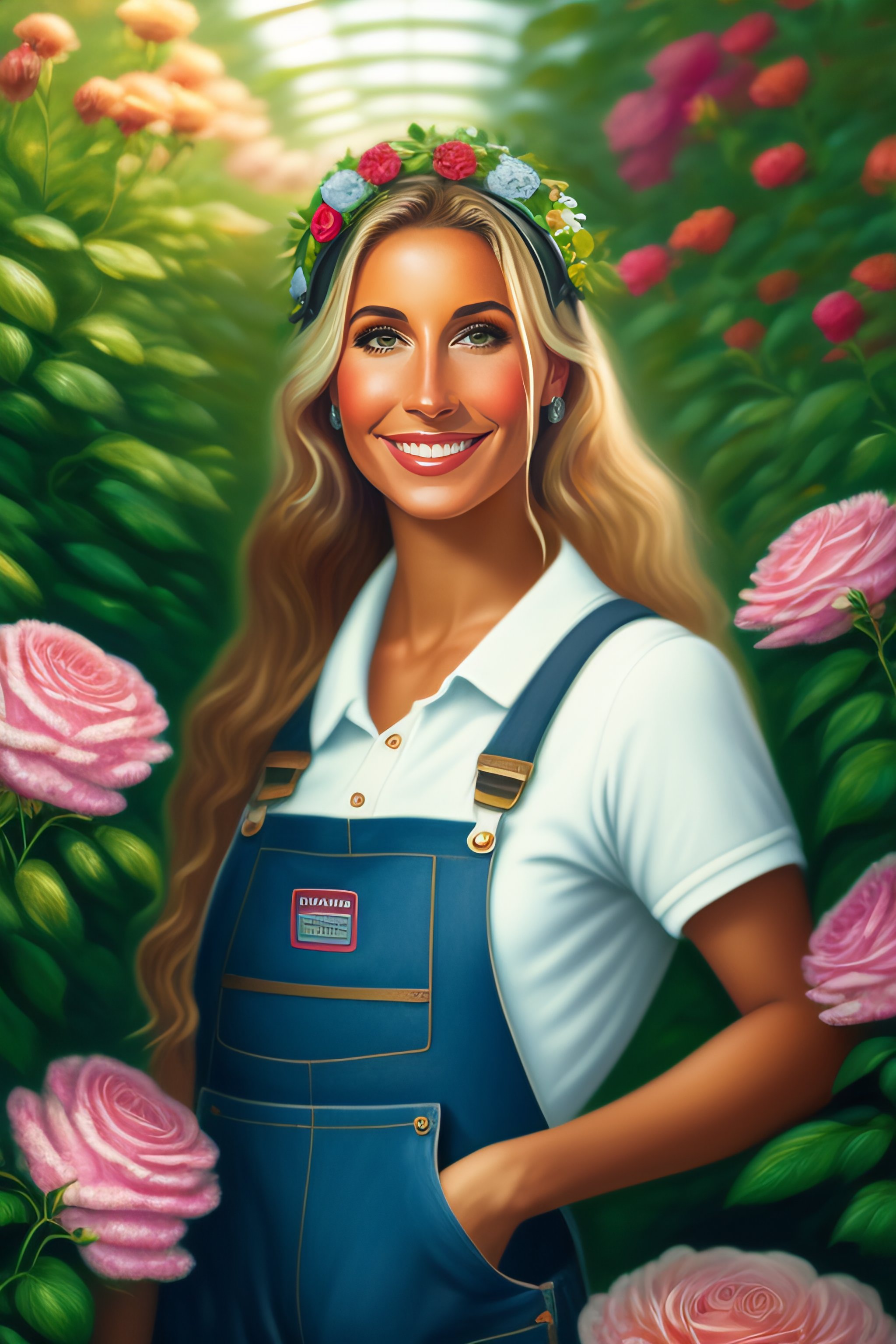 Lexica - Portrait of a young Heather Thomas gardener wearing overalls ...