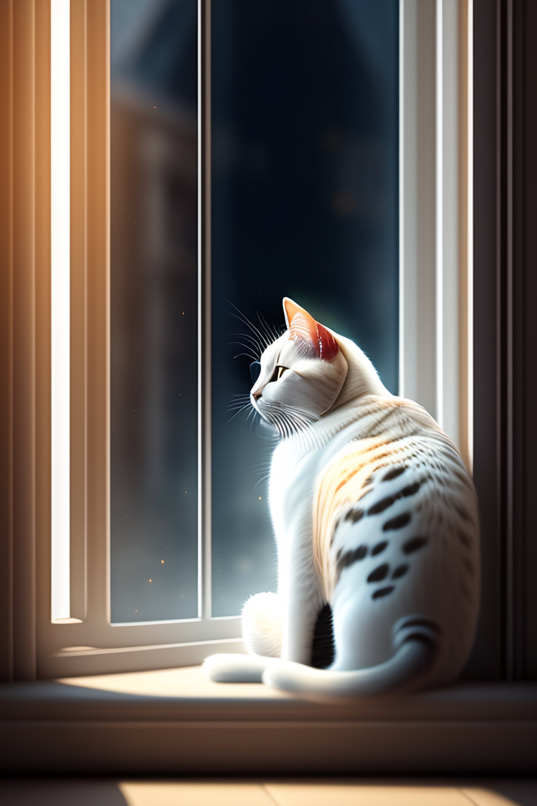 Lexica - White cat praying in the window looking at the paris