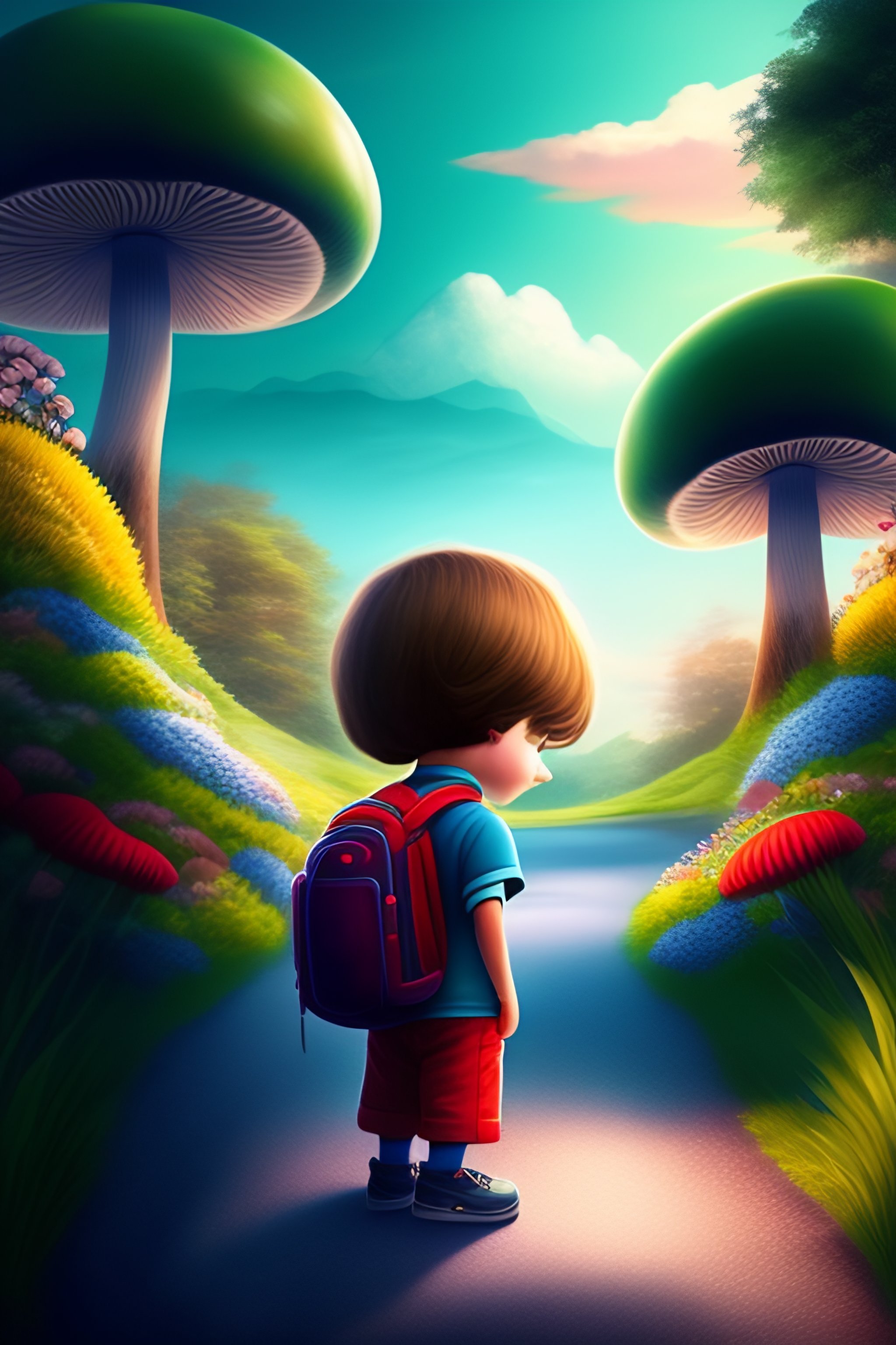 Lexica - A boy who has a mushroom head watching the flowers and ...