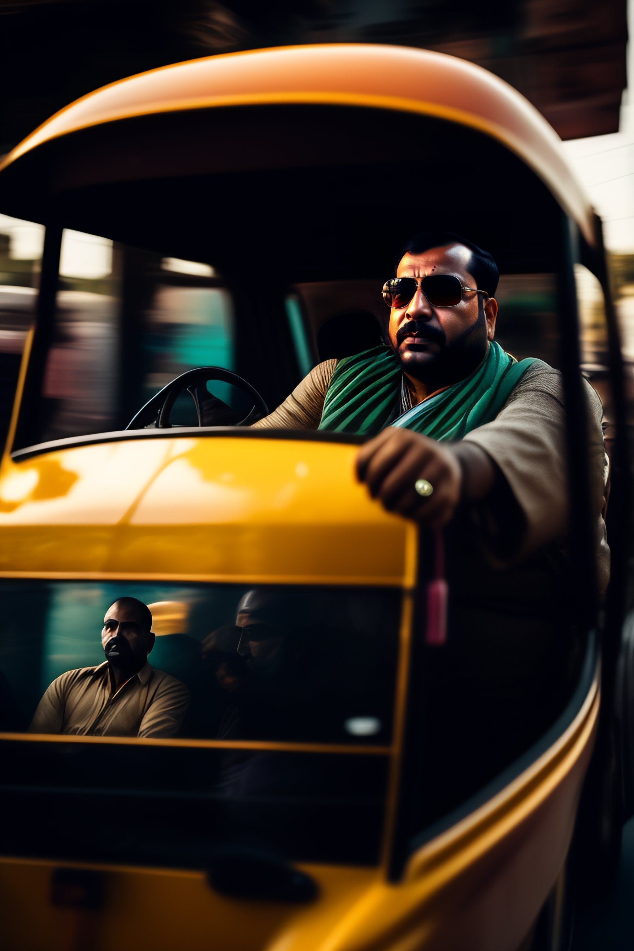 Lexica - The image shows a short, bald, stocky Pakistani man driving an ...