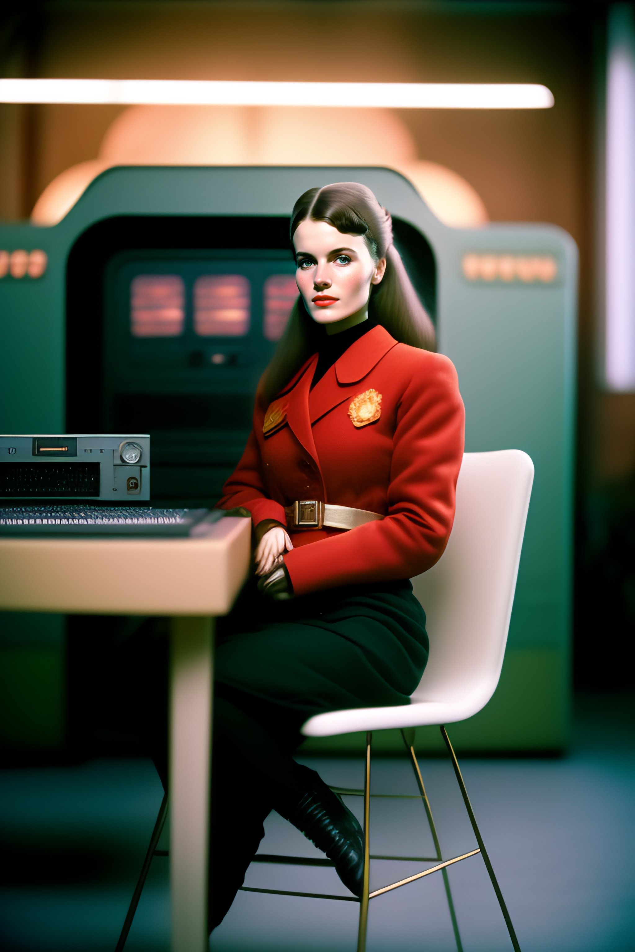 Lexica - A Soviet girl sitting in a chair in front of a soviet computer ...