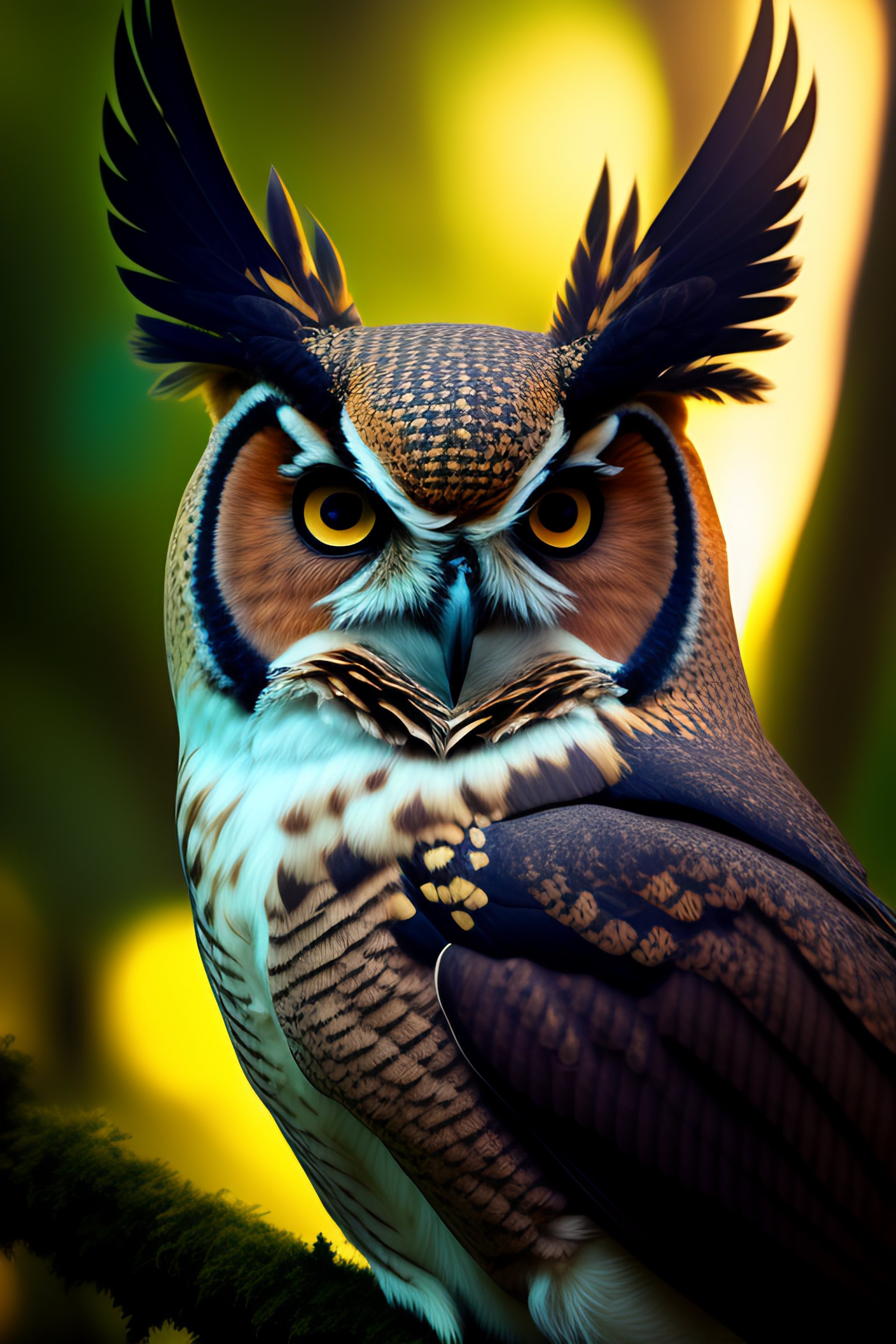 Lexica - Horned owl with a lychee-like skin, fierce eyes, nestled in a ...