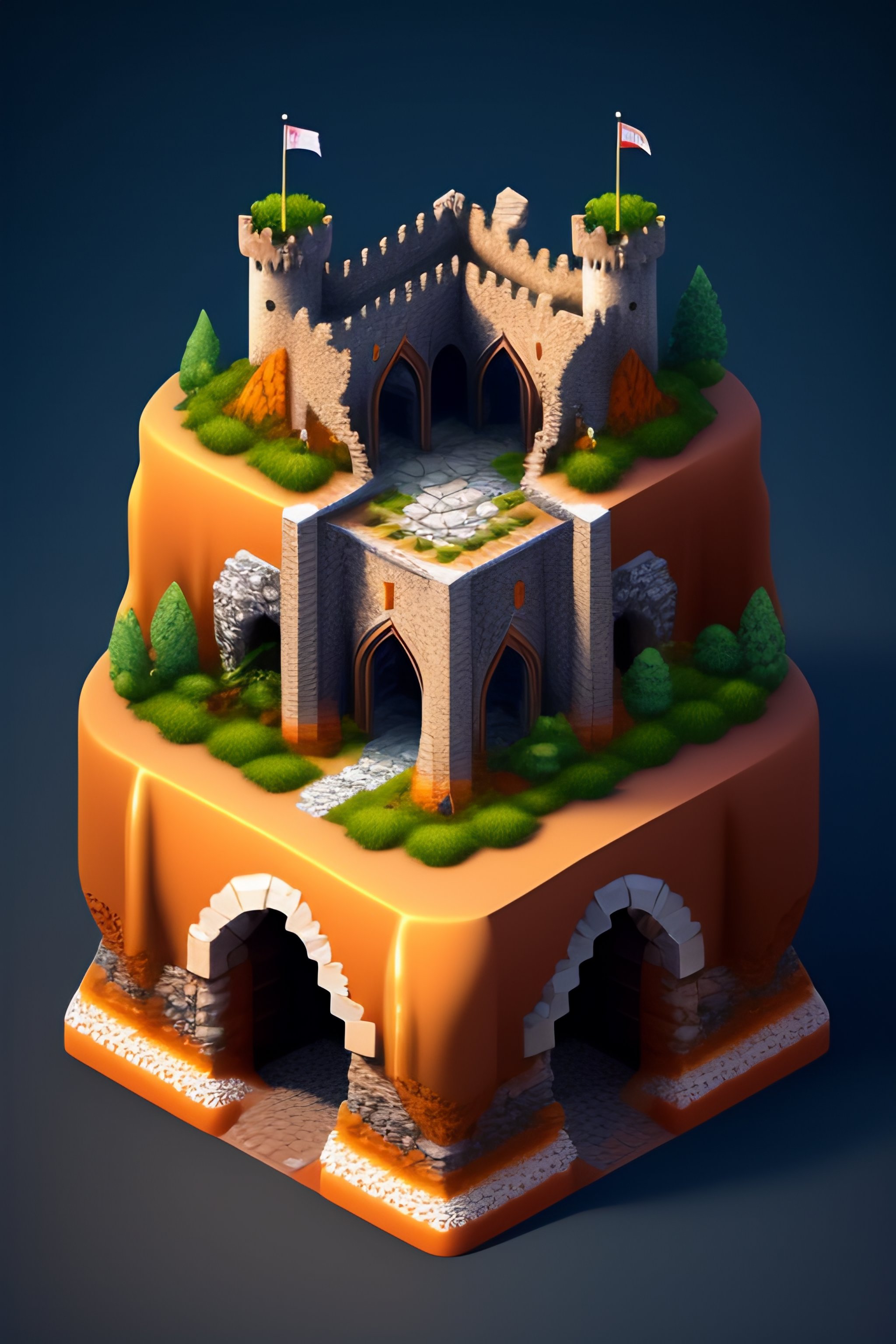 Lexica - Isometric view of a castle made of rocks in Mercury, ruins