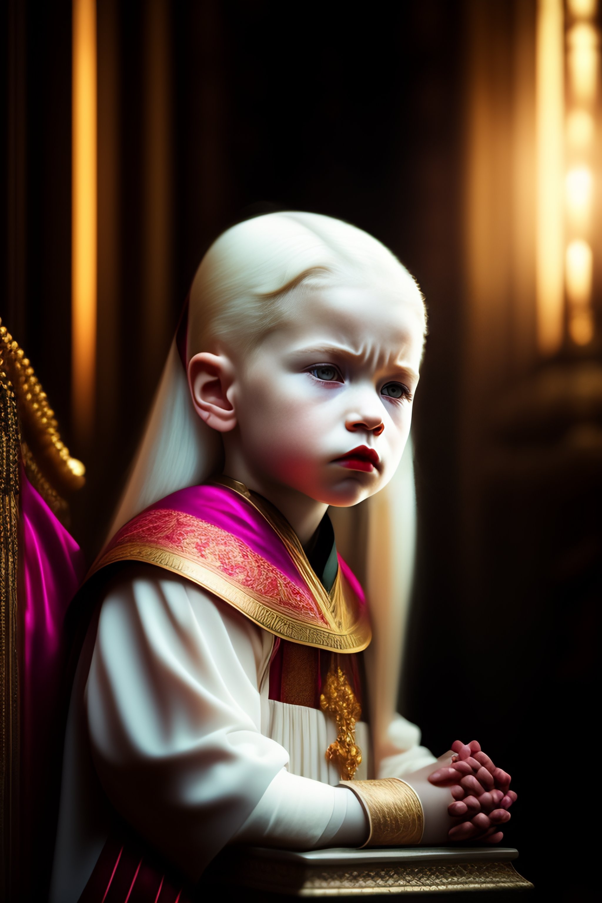 Lexica - Sad looking albino vampire female child in a temple sitting on ...