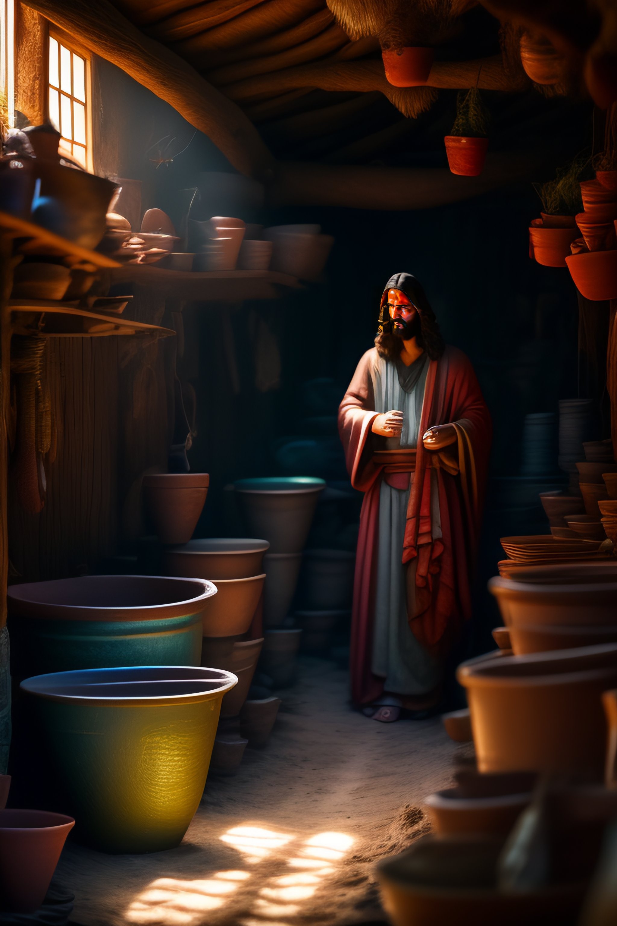 Lexica - Jesus in a shack full of cluttered and messy clay pots, action ...