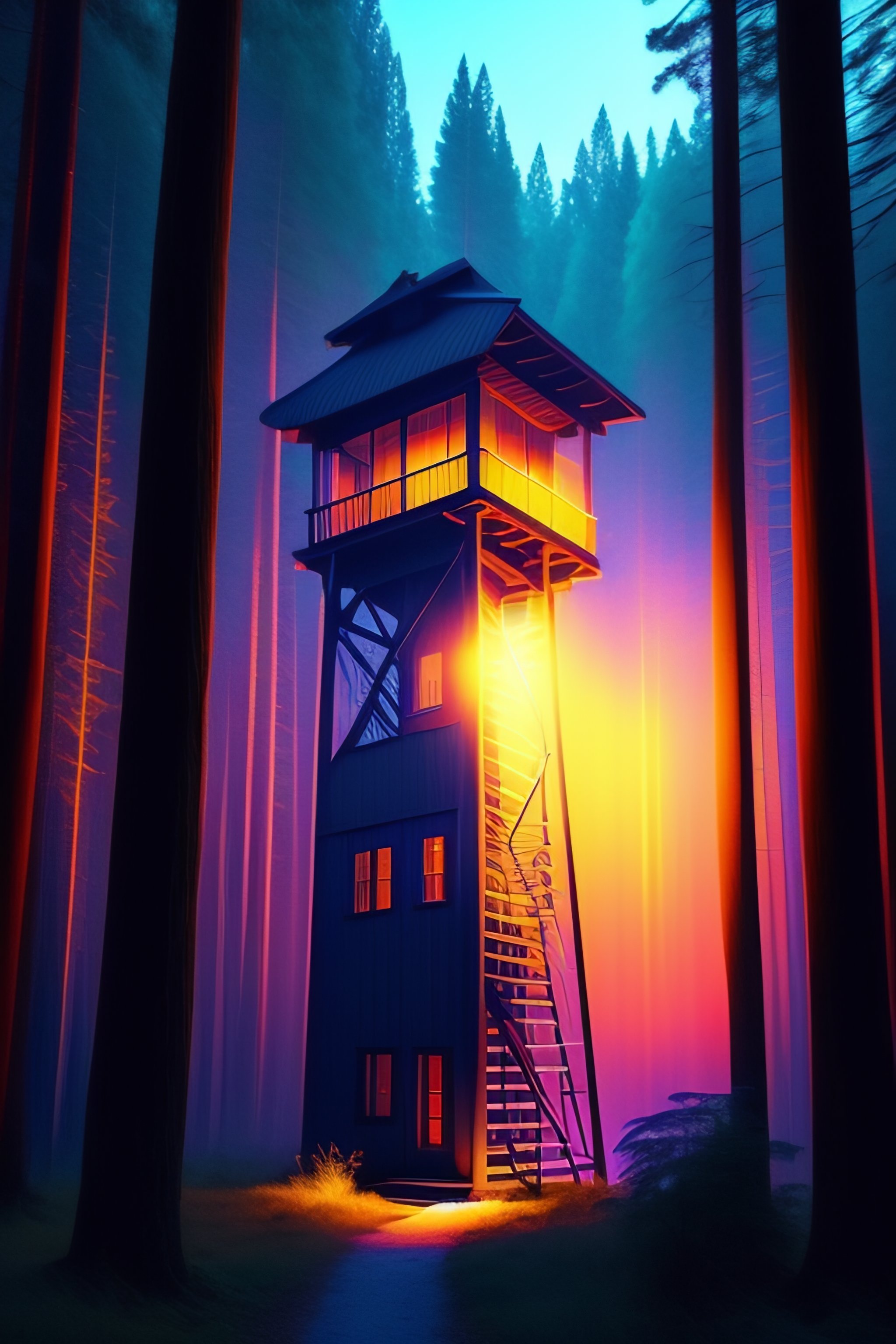 Lexica - A firewatch tower in the middle of the forest, in the night ...