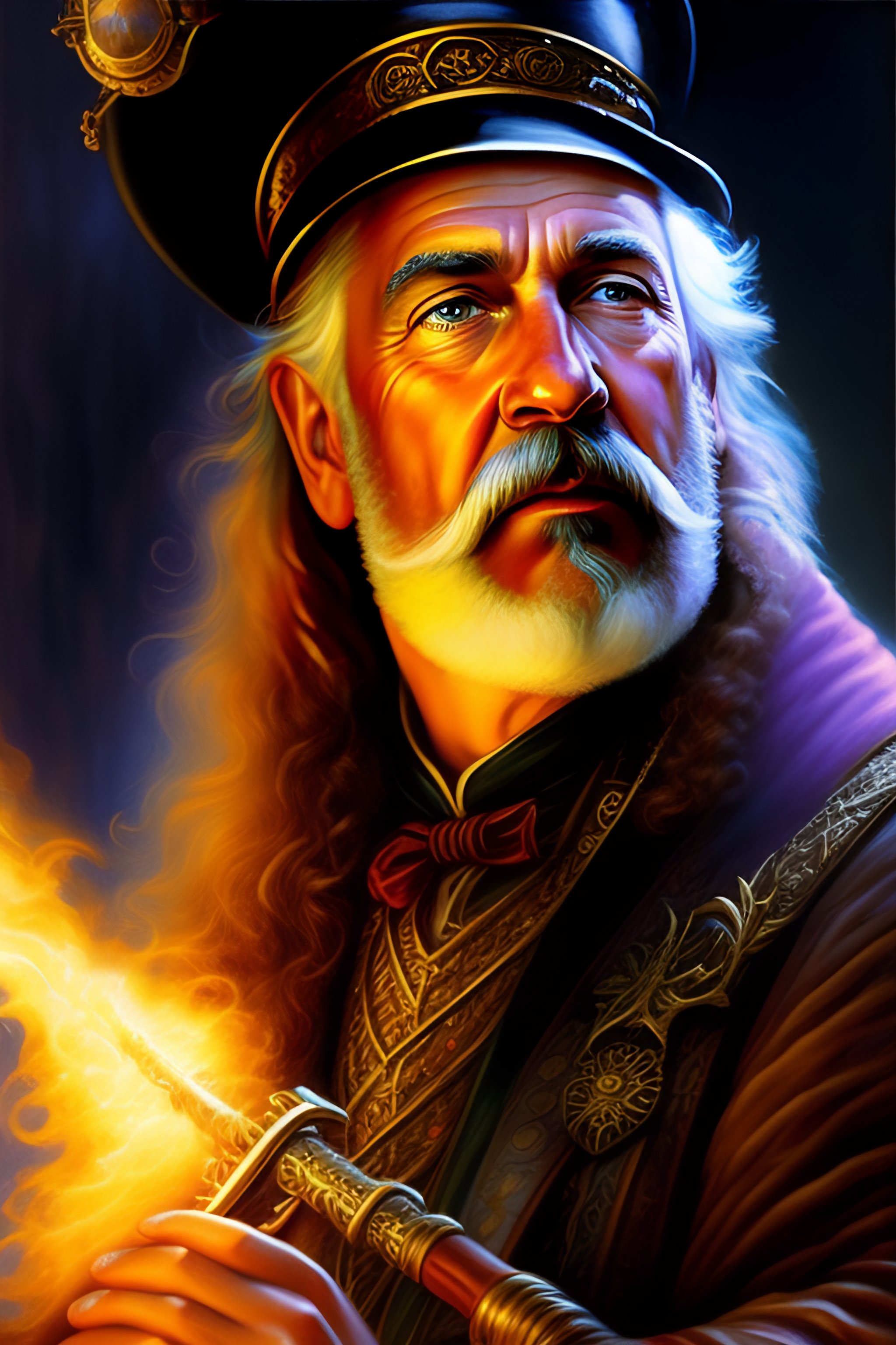 Lexica - Wizard inventor, steampunk magic wand, painted by Drew Struzan