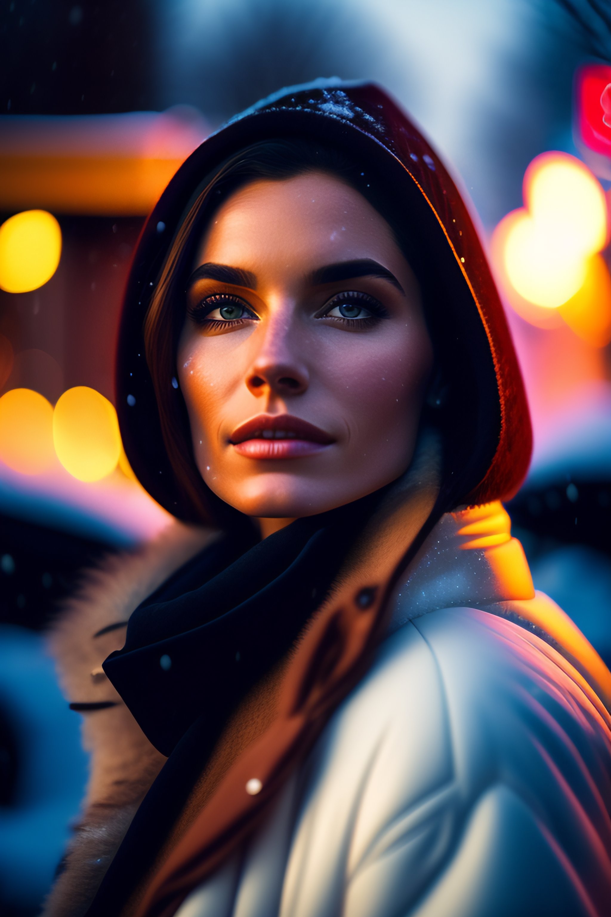 Lexica - Closeup portrait of a gorgeous woman outside of a bodega, snow ...