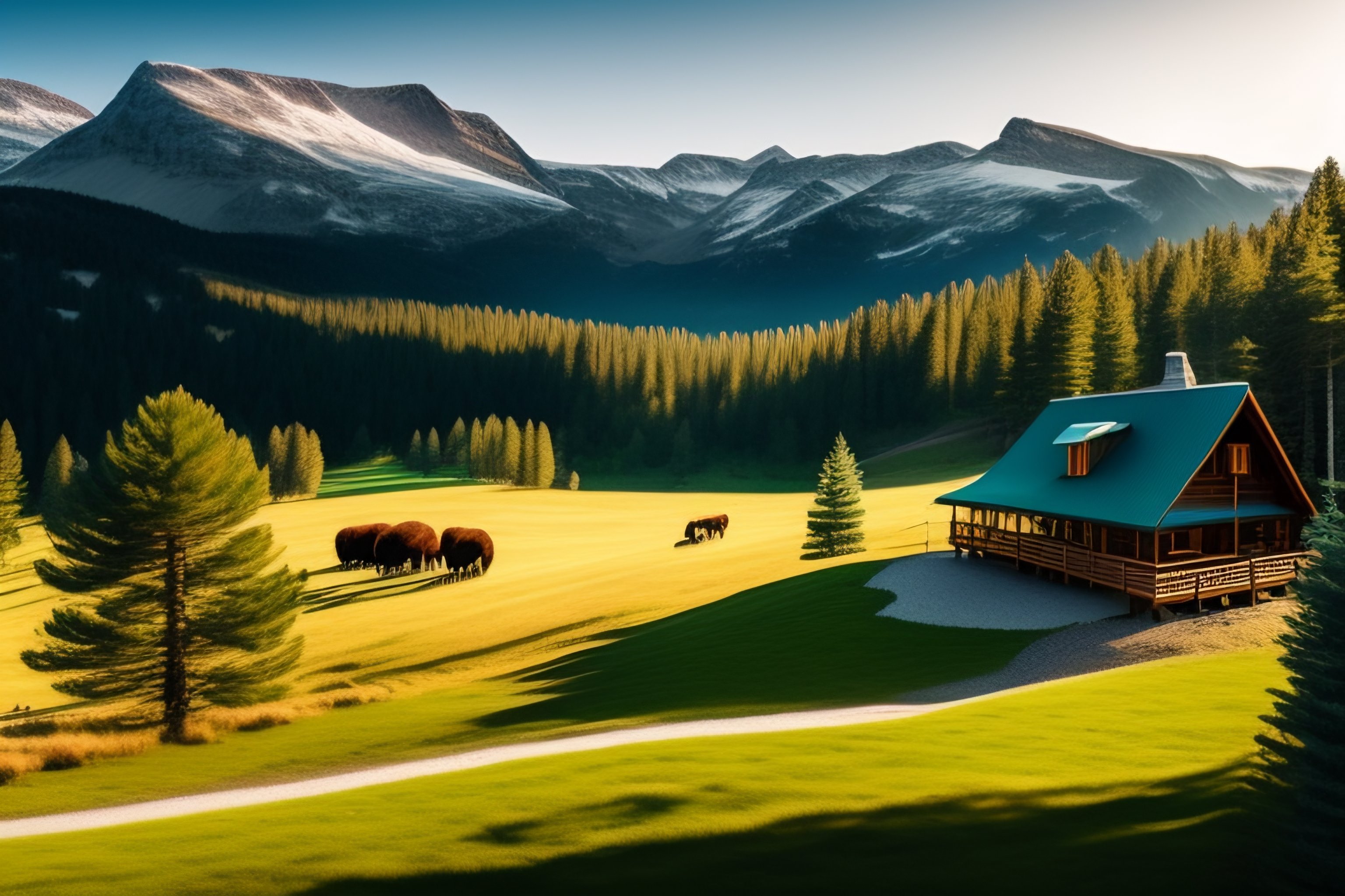 Lexica - A landscape with cabin houses, a pasture grazing a flock of ...