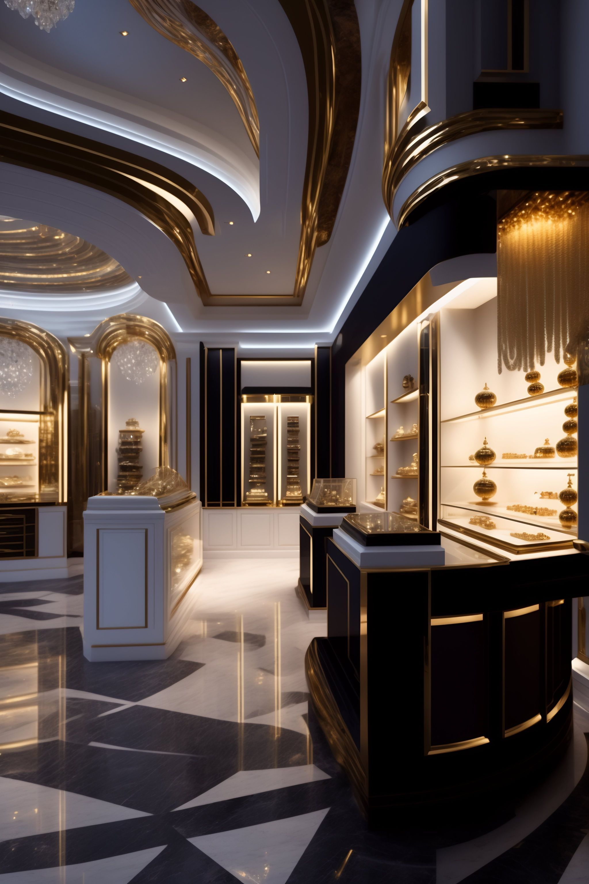 Lexica - Interior of a luxurious jewelry store, light colors