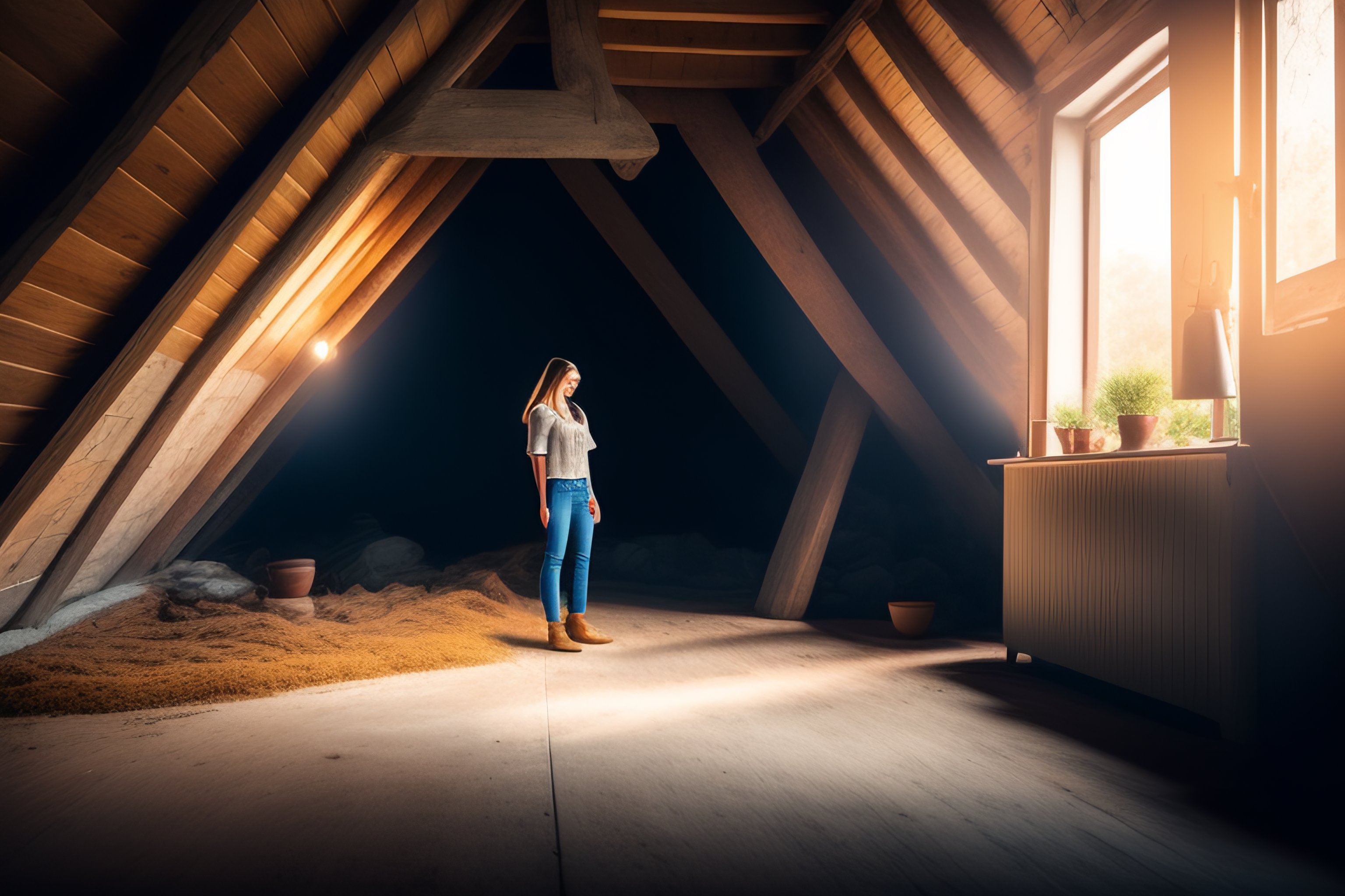 Lexica - Woman with jeans and tshirt standing in a very dirty attic ...