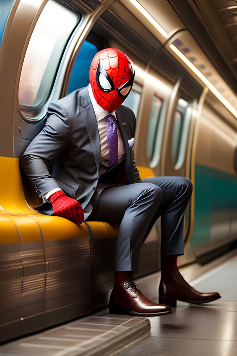 Lexica - Spiderman a business suit sitting in the London Underground ...