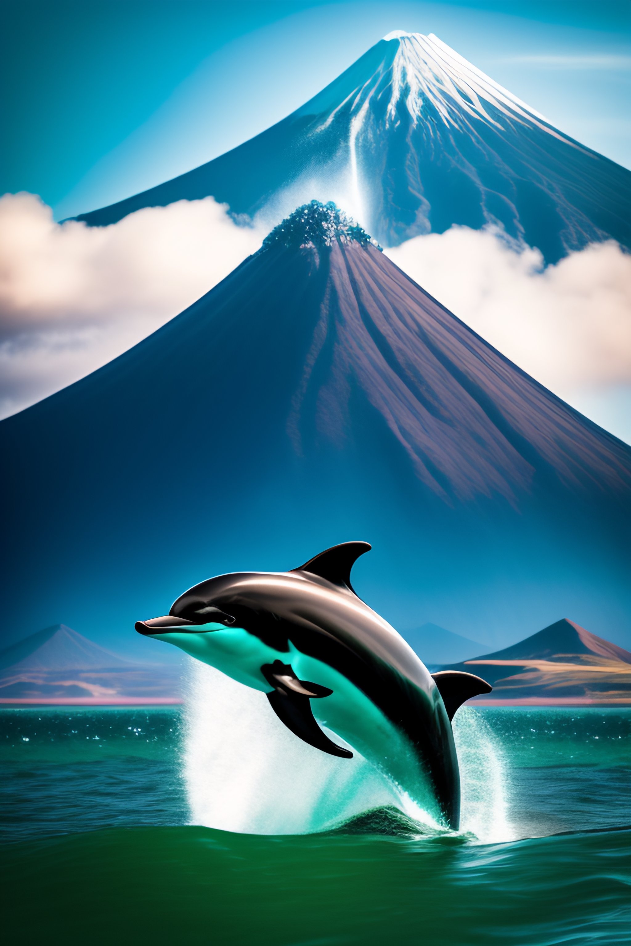 Lexica - Dolphin jumping out of the water with a volcano in the background
