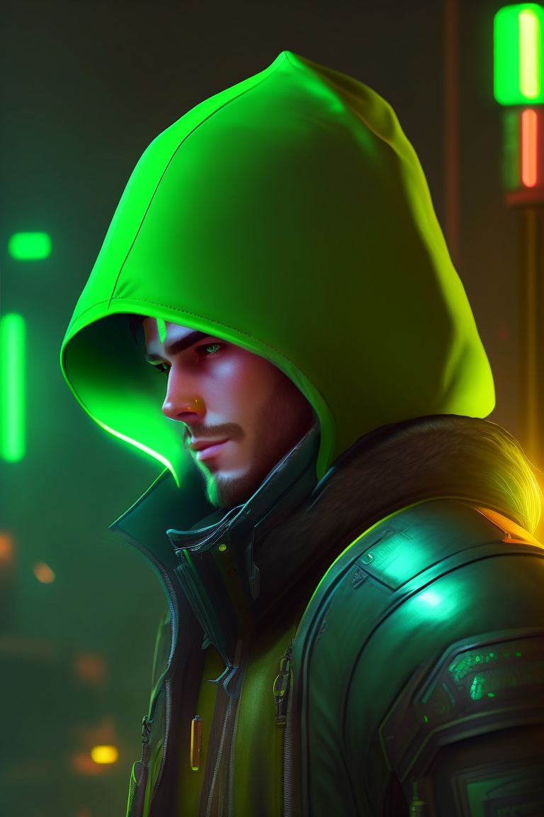 Lexica - Male character, in cyberpunk hood, green neon, siphon in the ...