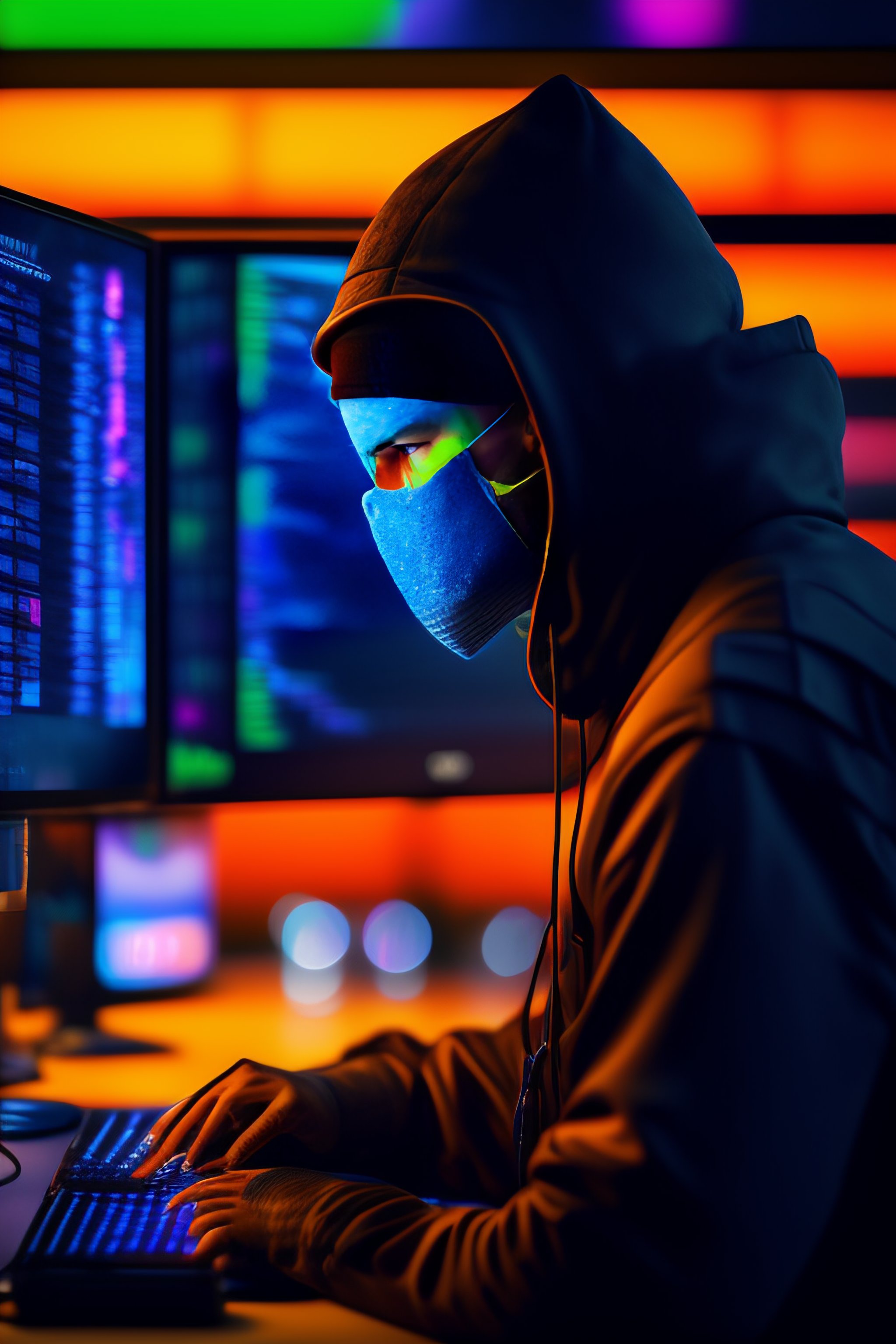 Lexica - Generate an image of a hacker in a mask at a computer with an ...