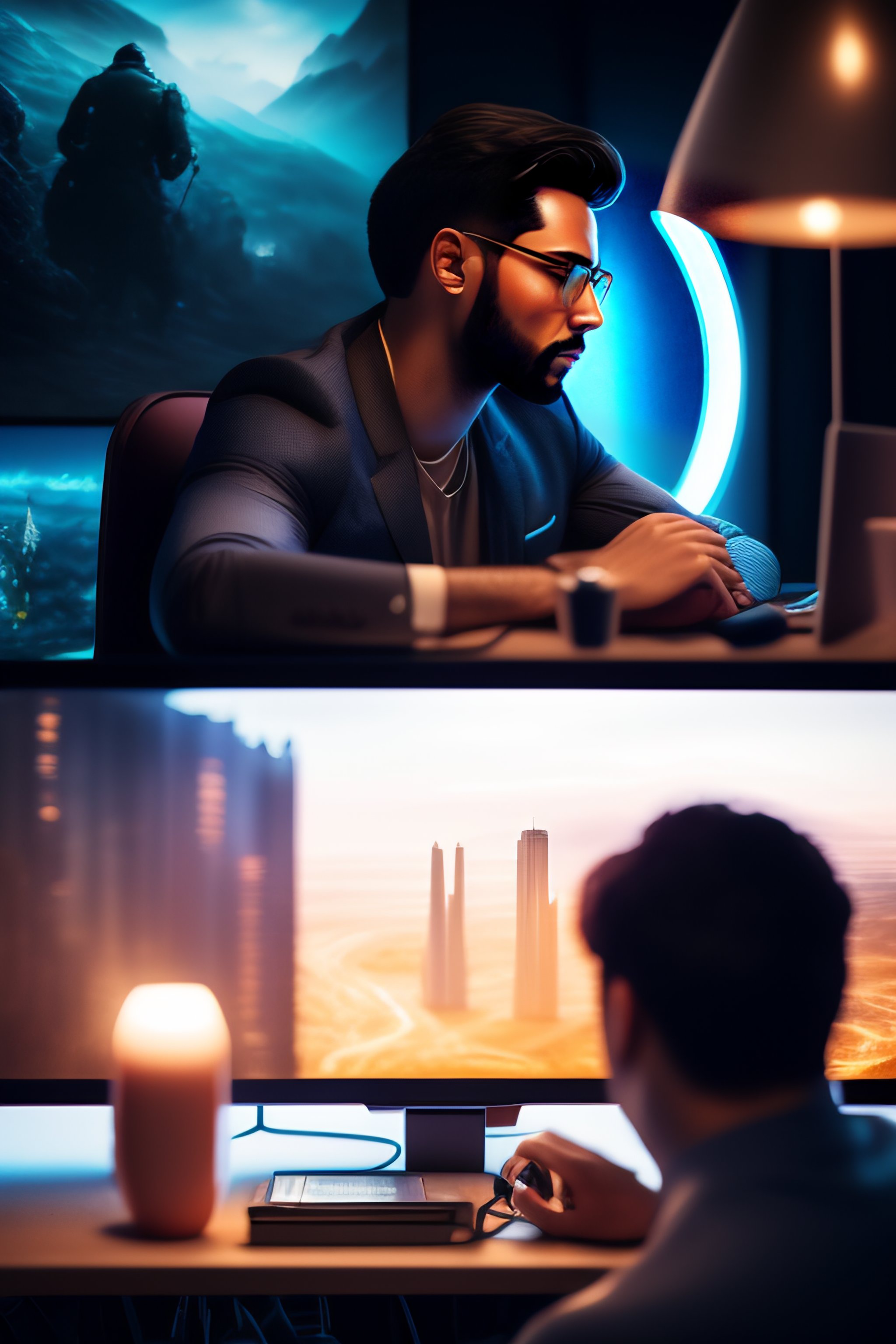 Lexica - Realistic successful man using laptop in gaming room, artstation trends, future concept ...