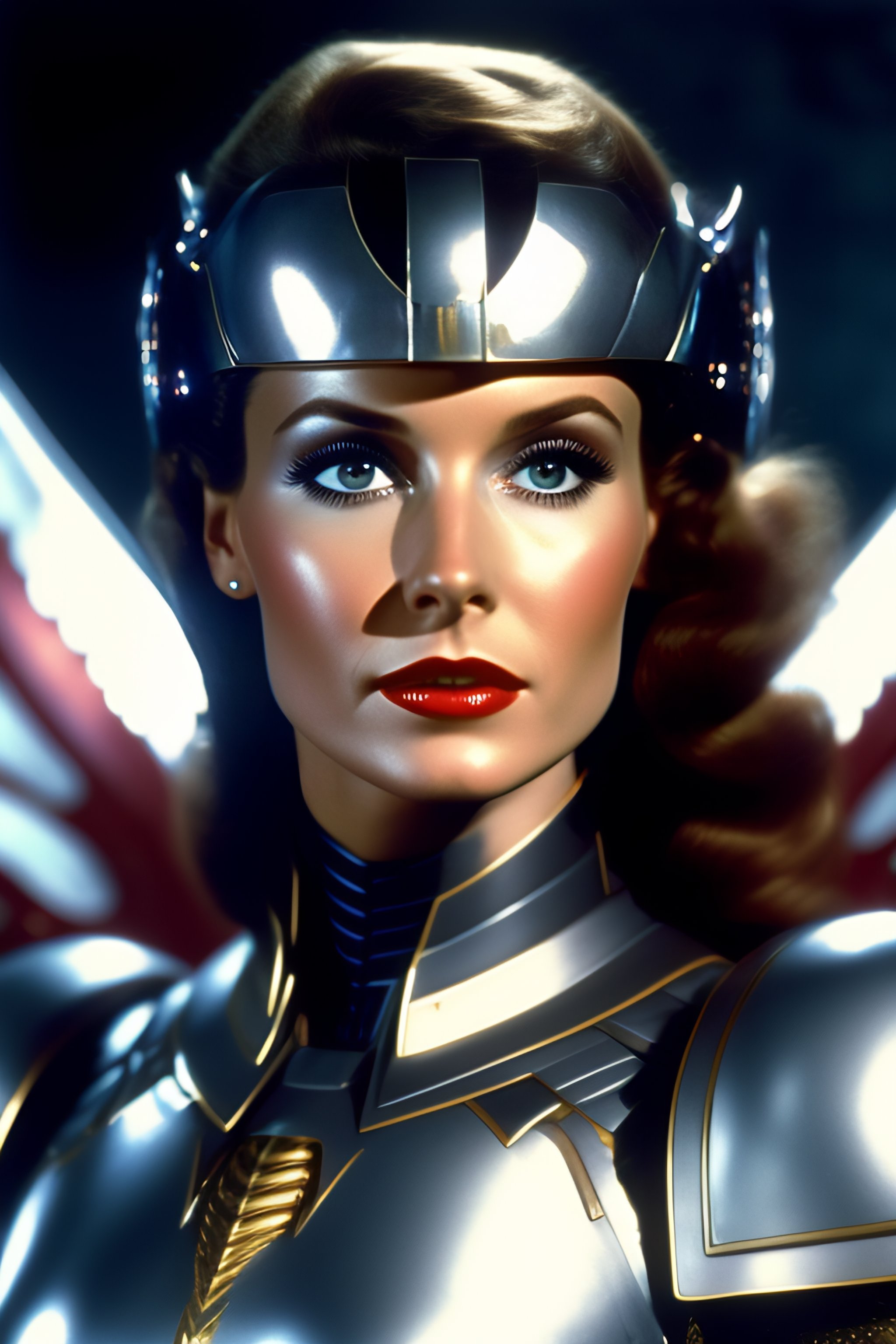 Lexica - Young Diane Rigg, angel, robot wings, halo, armor, metal, iron ...
