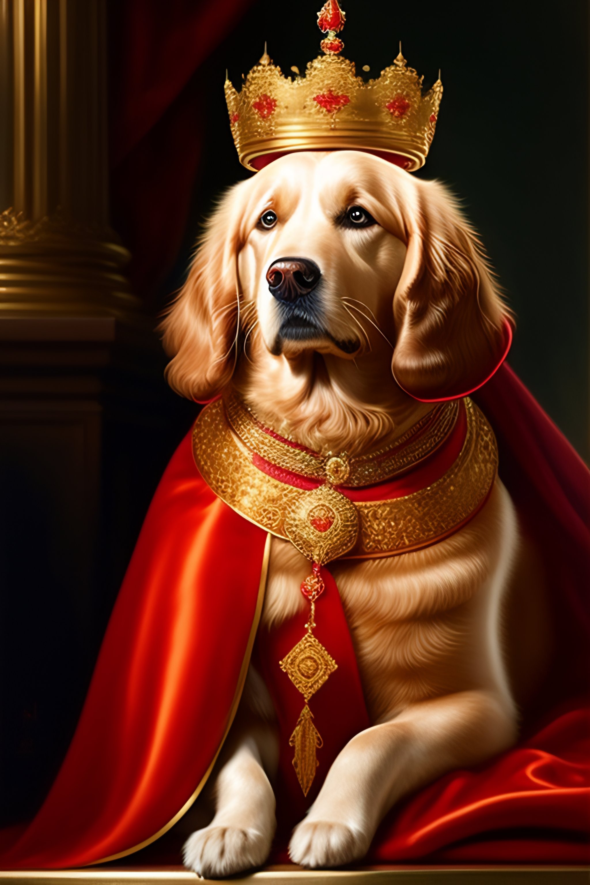 Lexica - A royal golden retriver sitting on a throne holding a royal ...