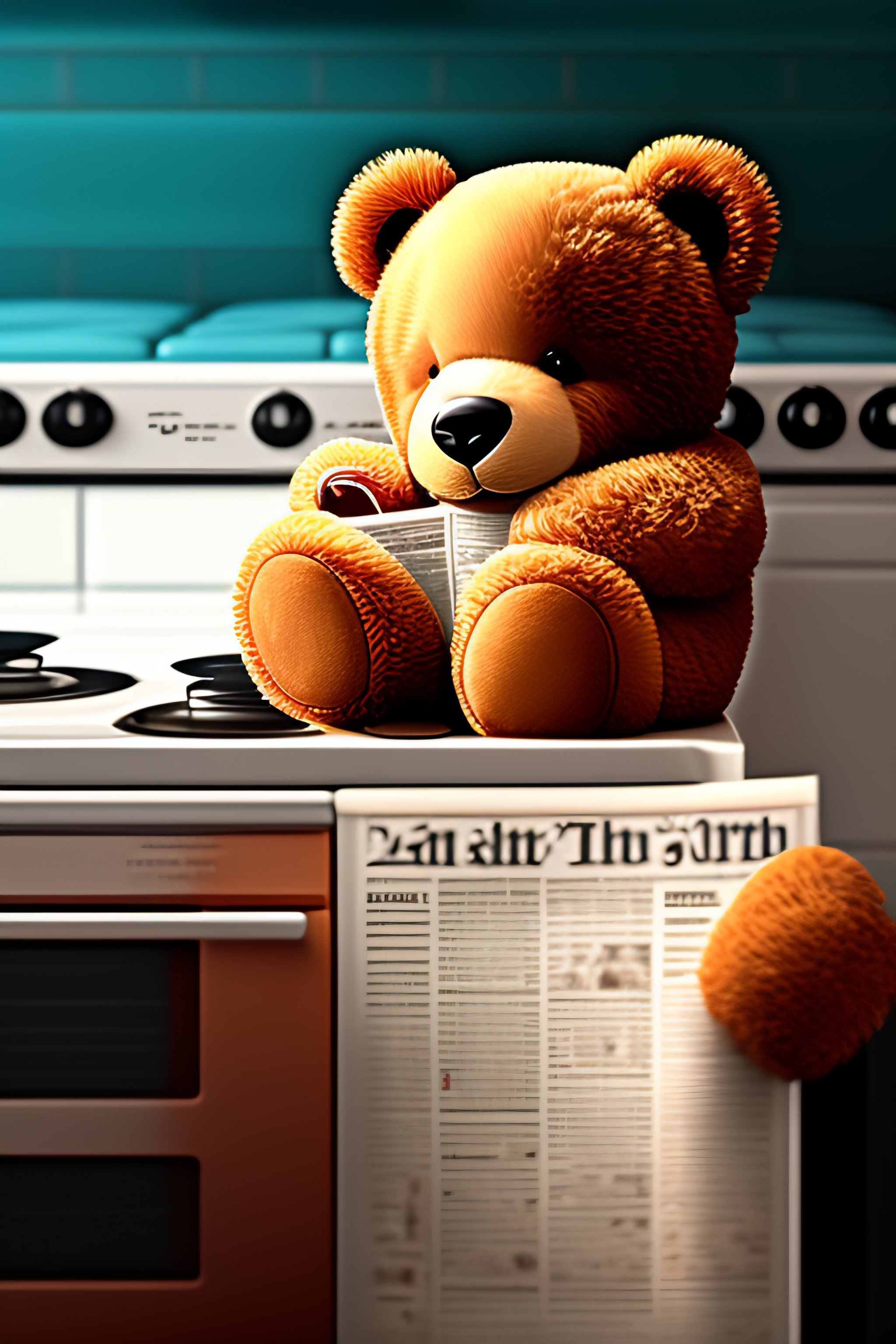 Lexica - Cute teddy bear reading newspaper in the kitchen