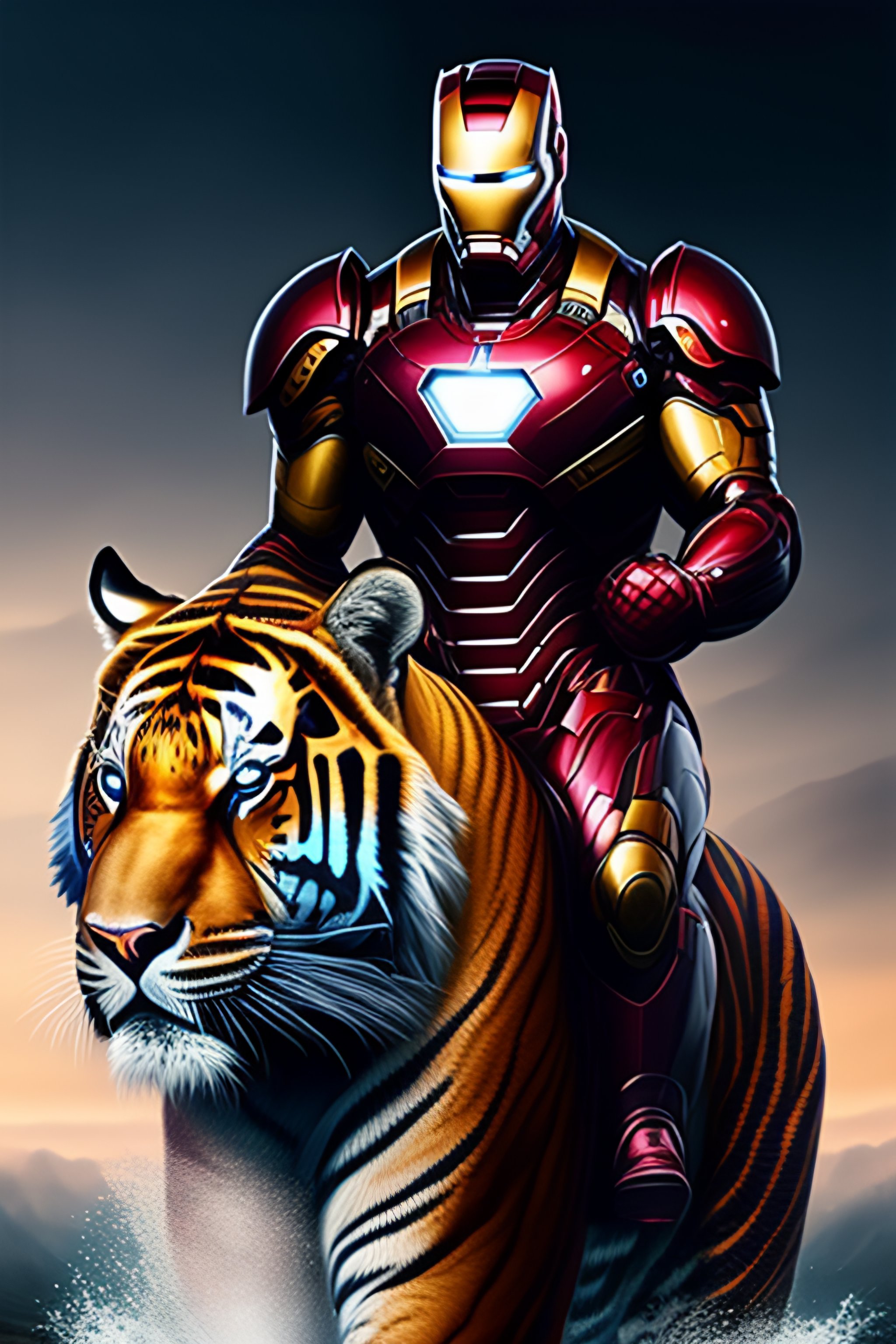 Lexica - Portrait of Ironman riding a tiger.