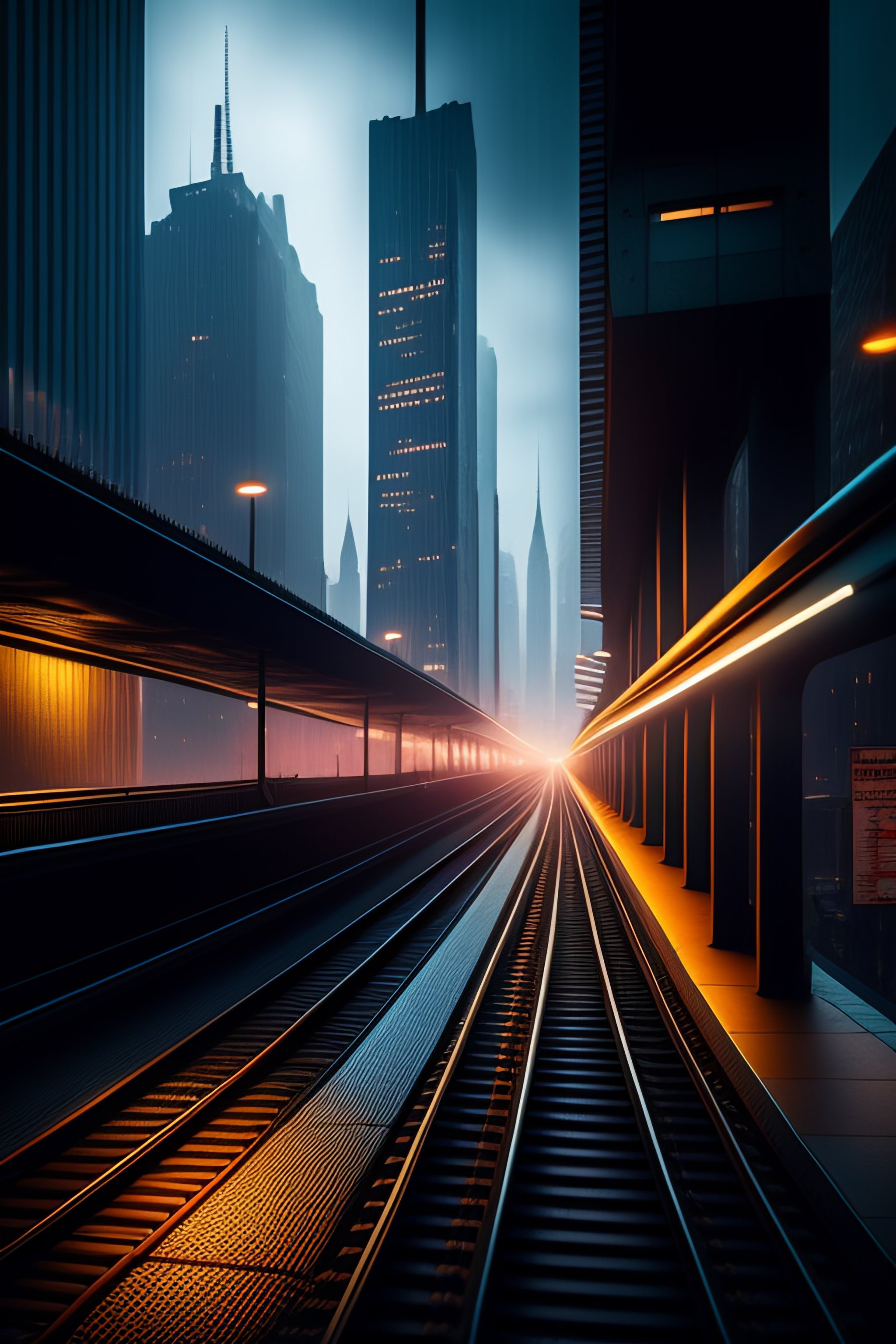 Lexica - A gloomy, rainswept modern Neogothic city, elevated subway ...