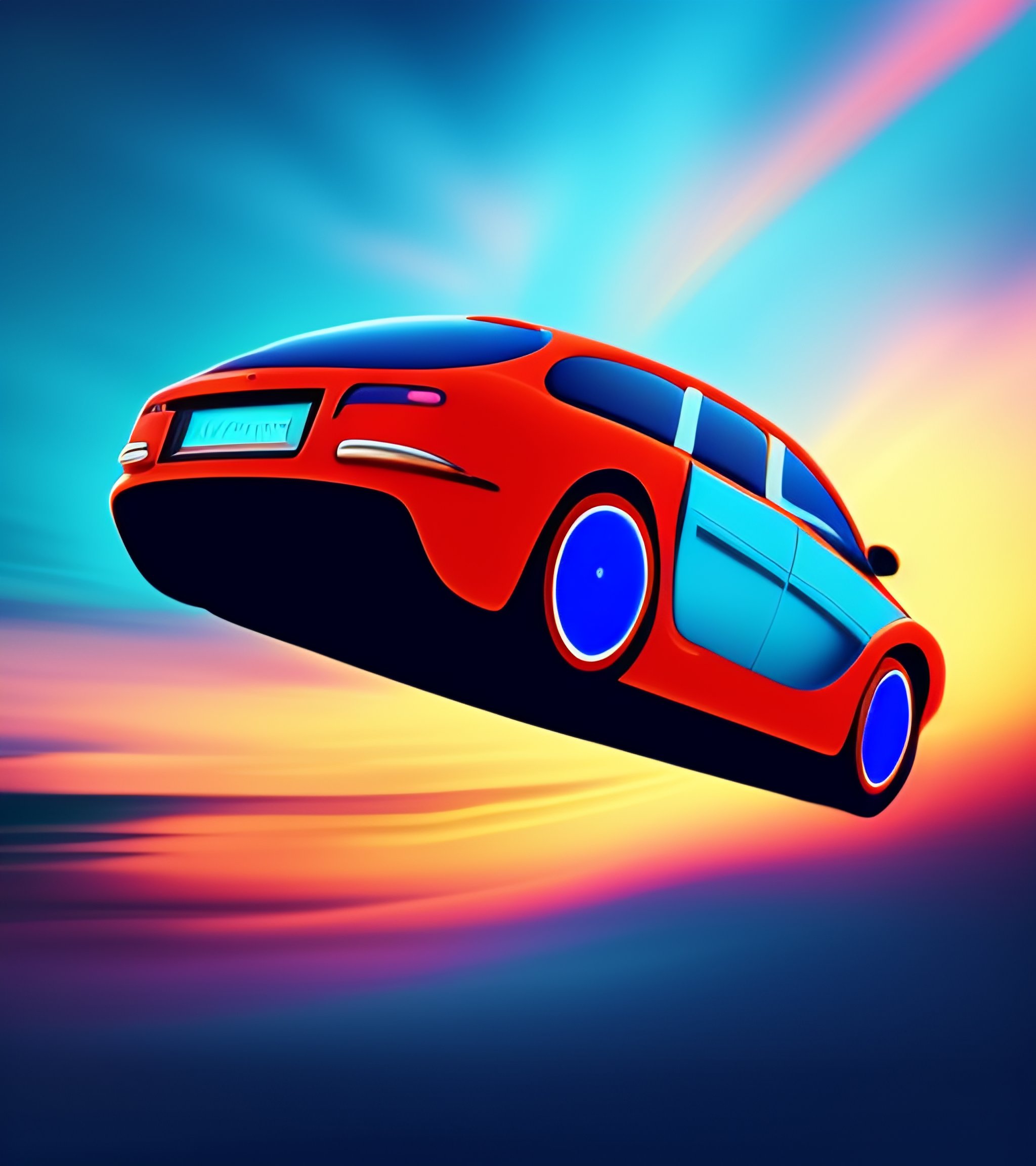 Lexica - A bright blue and red flying car over a city
