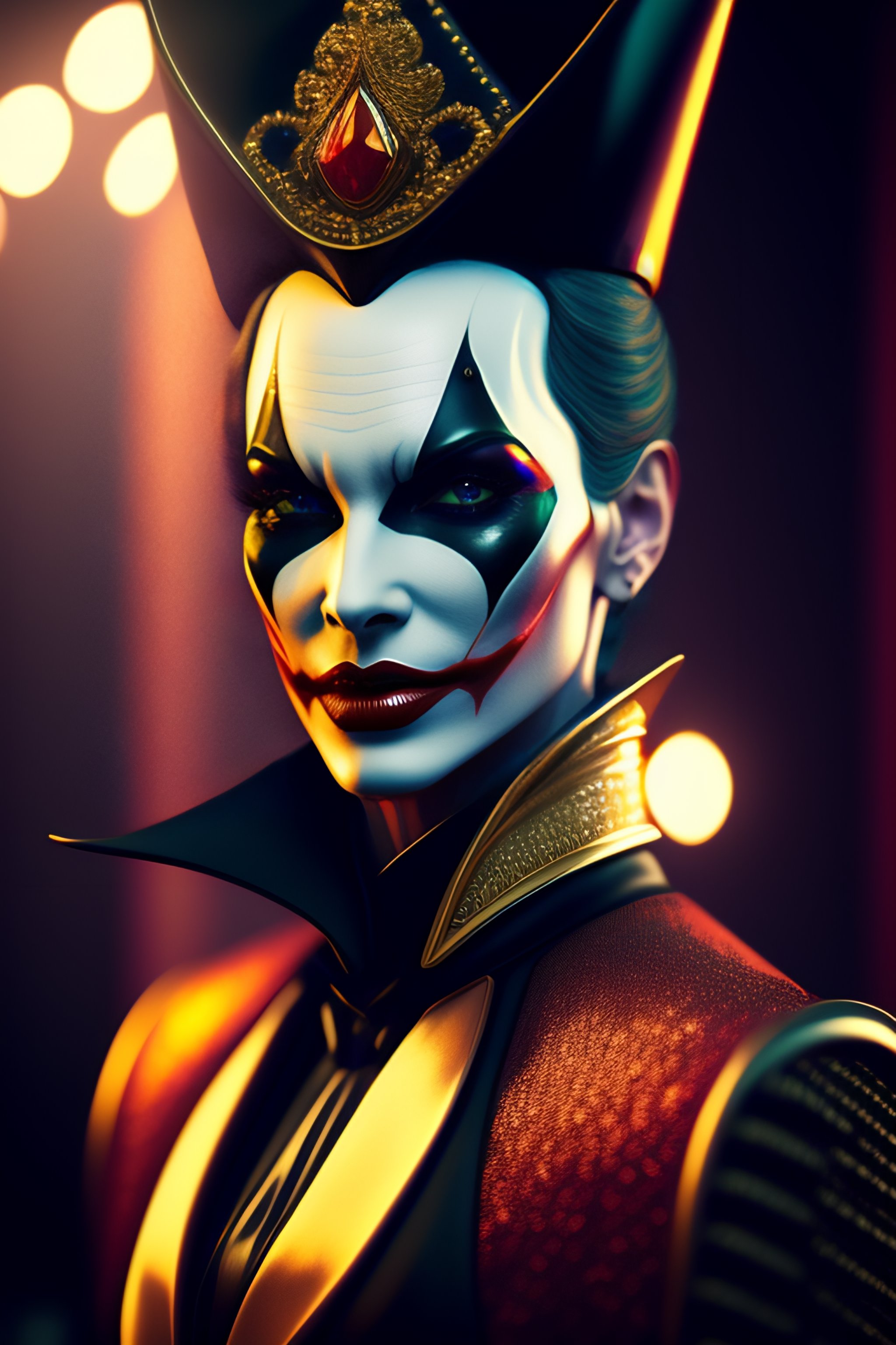 Lexica - Queen joker, half face robotic, realistic, smok, large shot ...