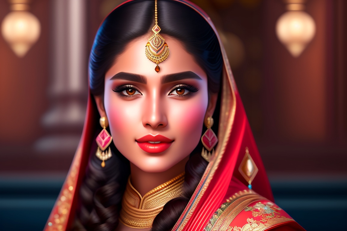 Lexica - Beautiful Pakistani girl with red suit and blue shawl, soft ...