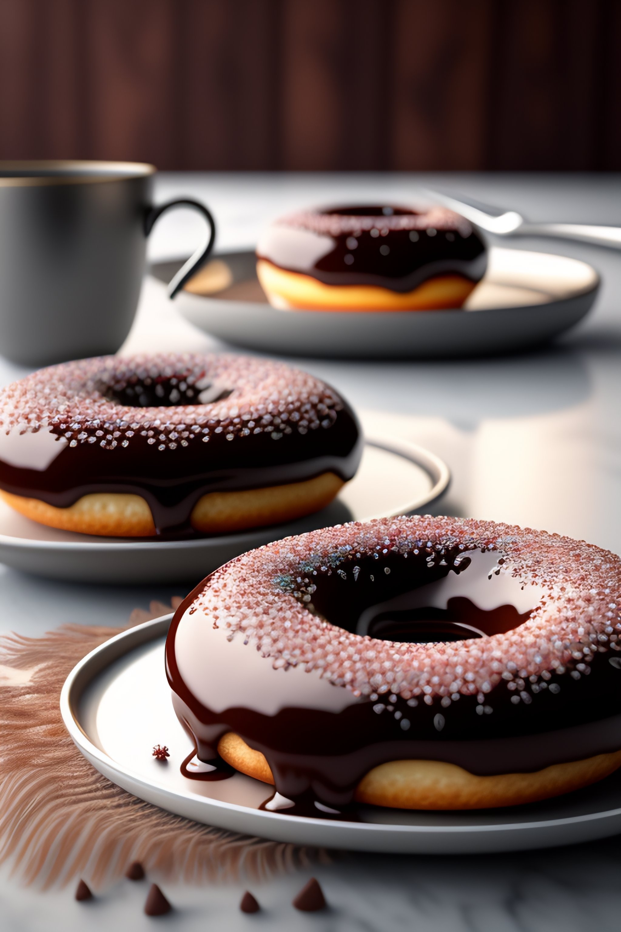Lexica - Realistic detailed chocolate sprinkled donuts on a white plate ...
