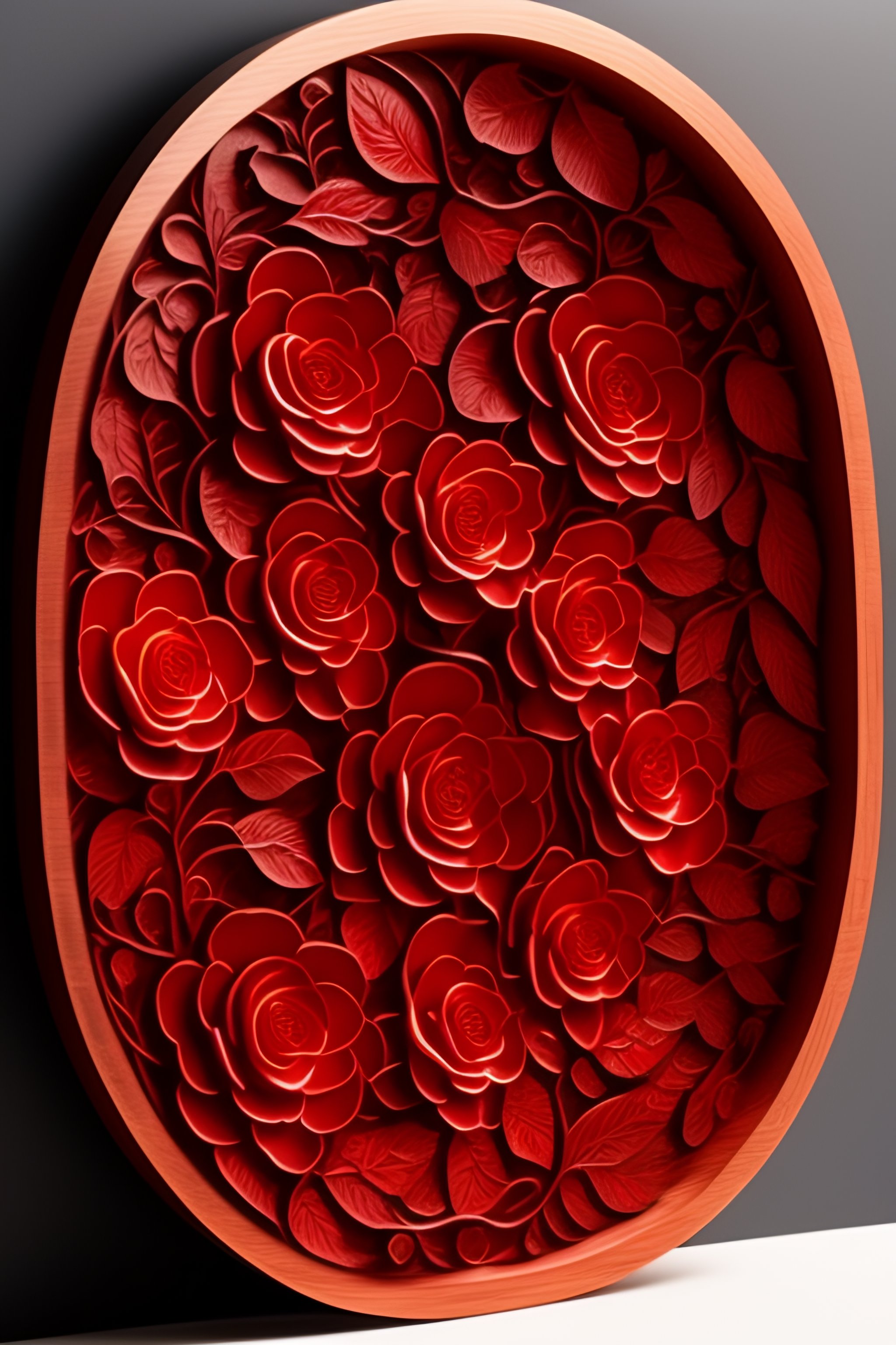 Lexica - Red roses surronded by circular arrangment of leaves, carved ...