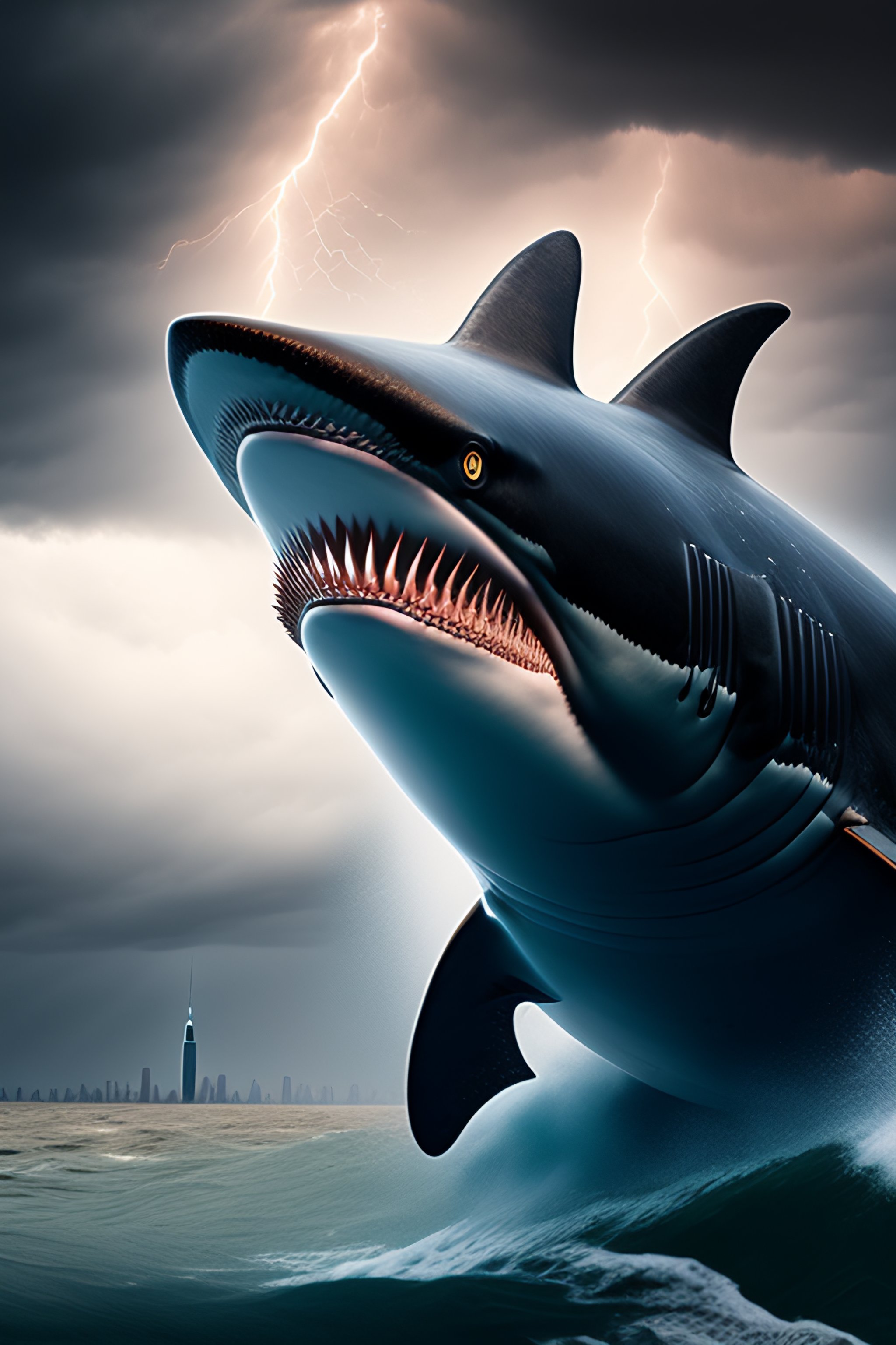 Lexica - A massive muscular humanoid shark as tall as a building, in ...