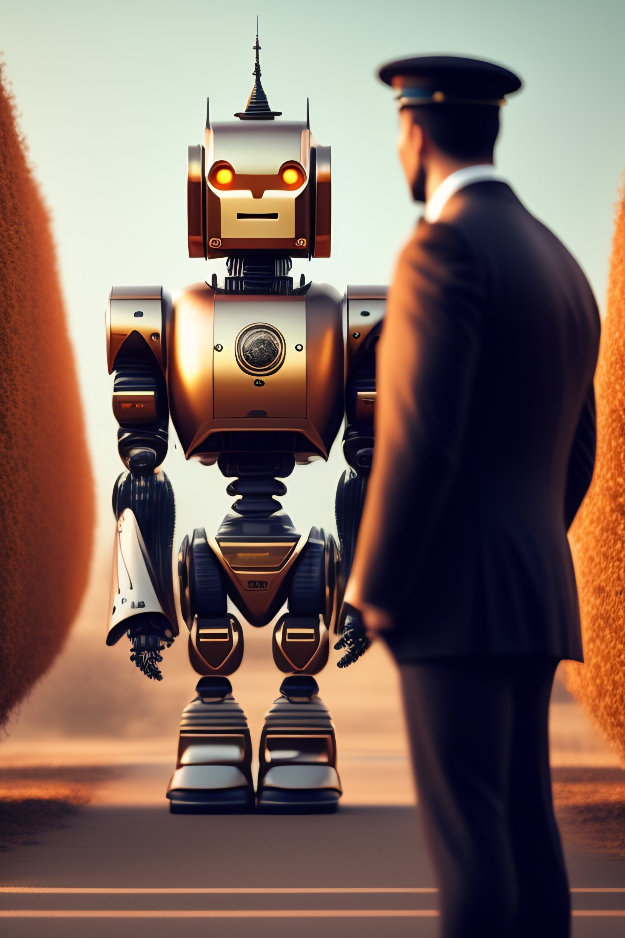 Lexica - A robot staring at a man, fantastic illustration