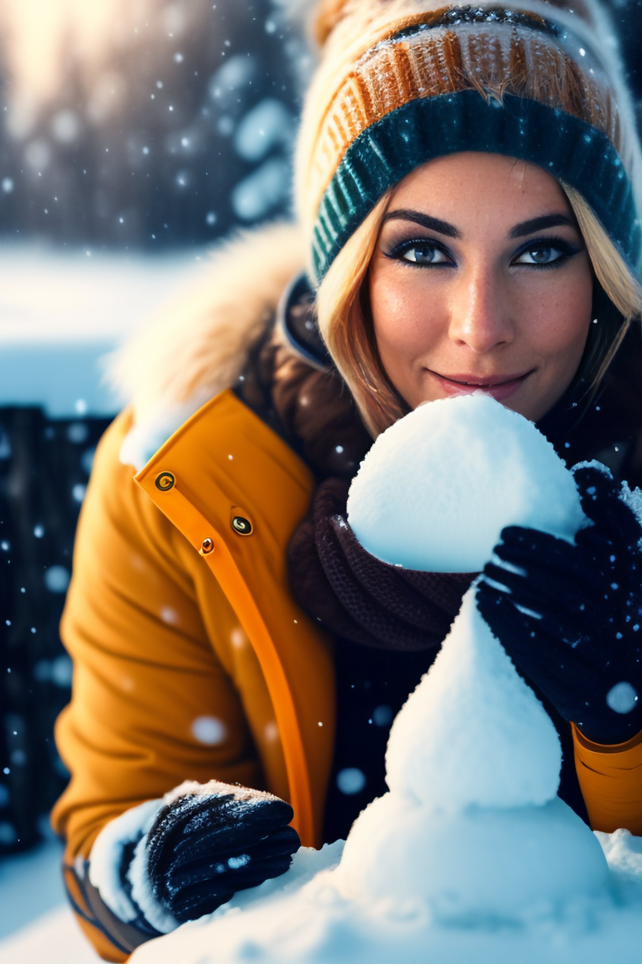 Lexica - Portrait of beautiful blonde lady building snowman in snow