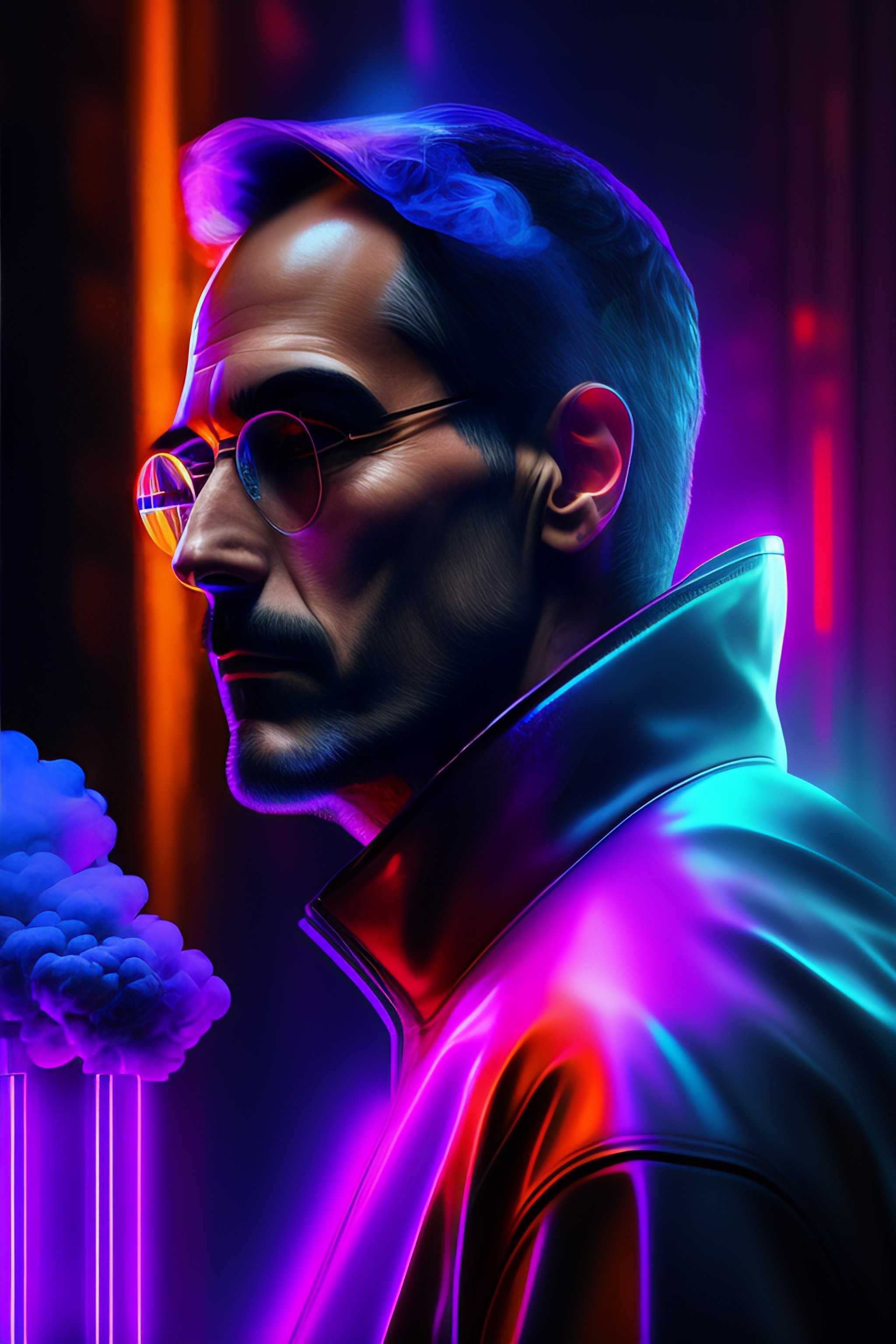 Lexica - Cyberpunk steve jobs, intrincate details, neon, smoke, gaudi