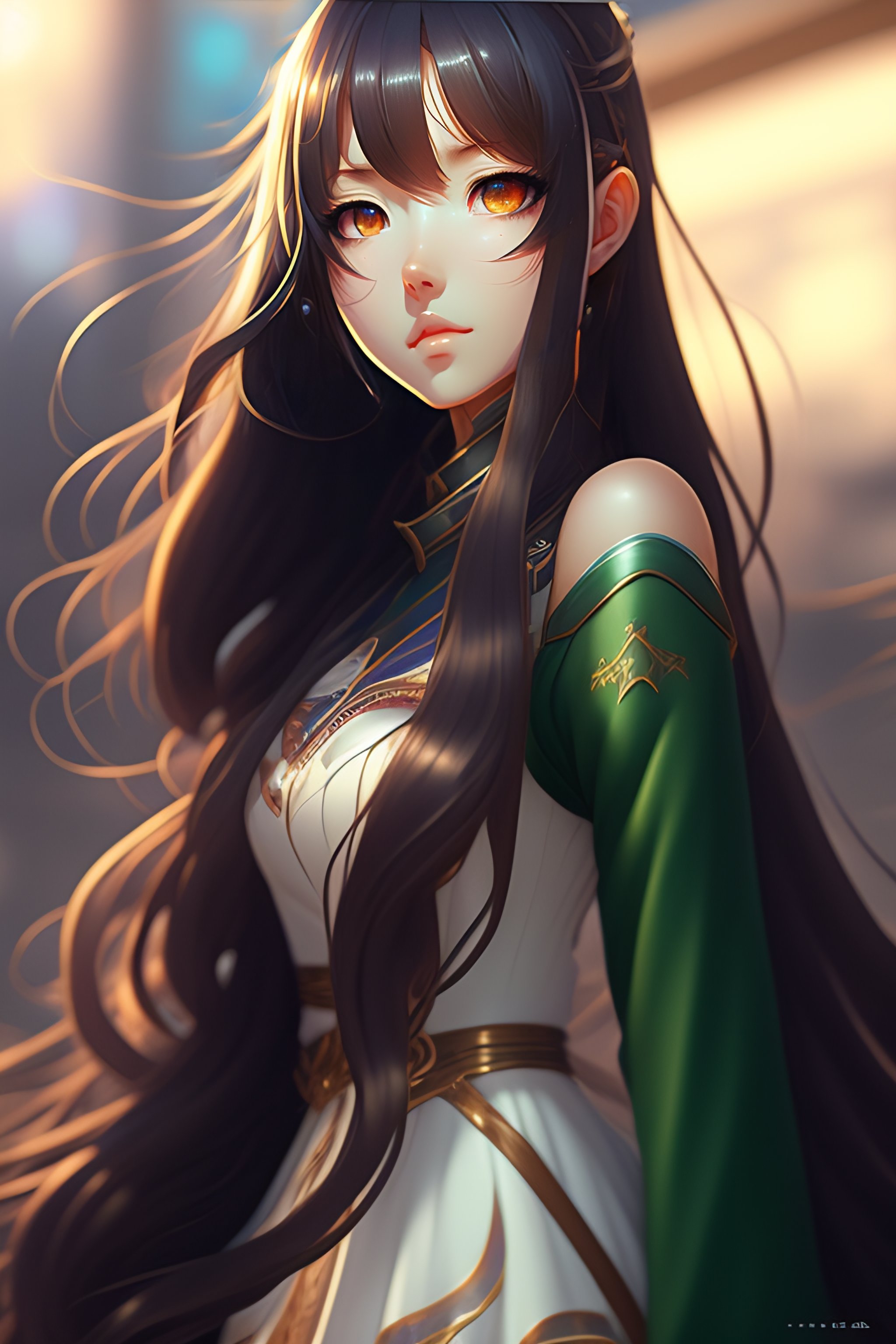Lexica - Anime girl with long brown hair, blueish green eyes, hyper ...