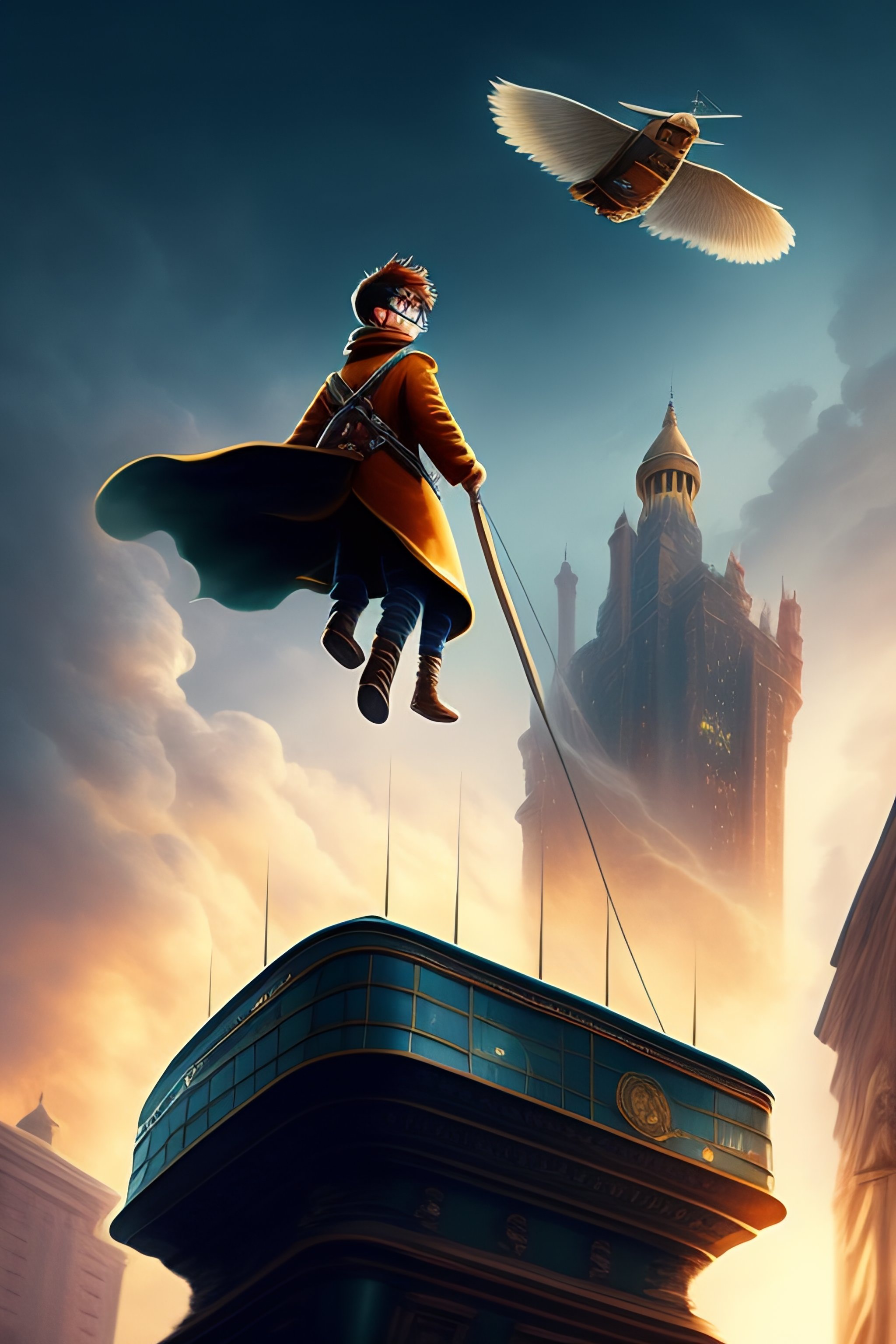 Lexica - A young man flies on a steel broomover the city, harry potter