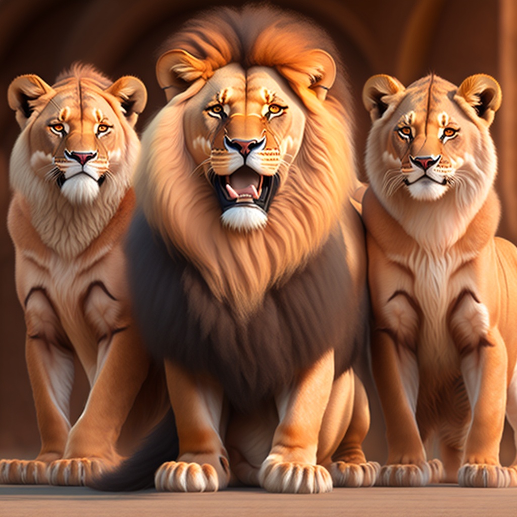 Lexica - Male lion roaring with two lion cubs between his legs, hyper ...