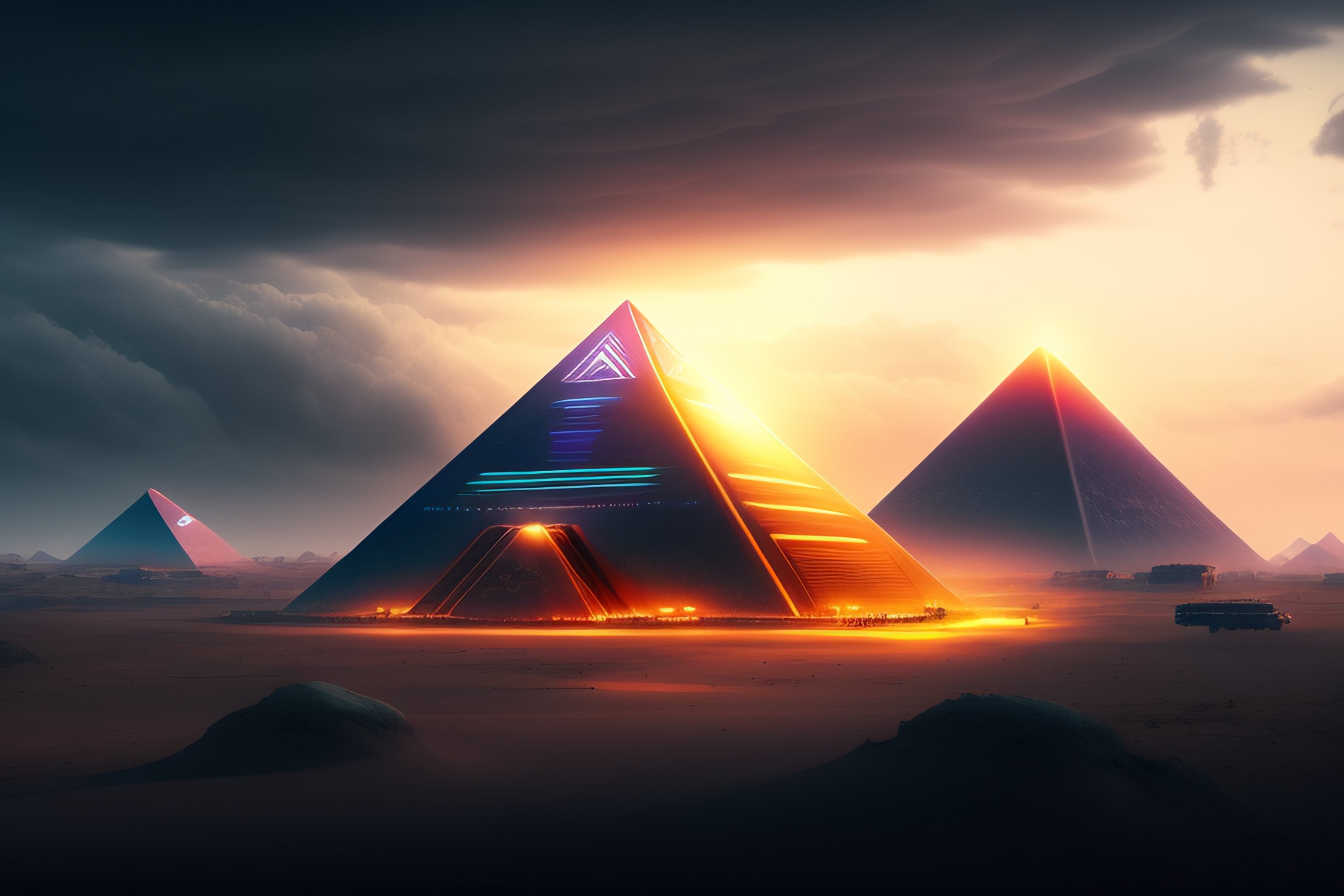 Lexica - Dystopian pyramids, background storm, computers, beautiful ...