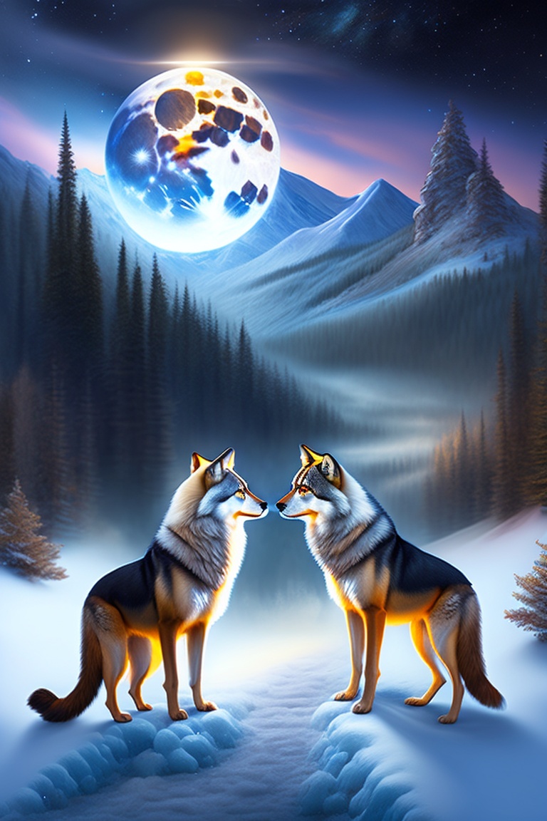 Lexica - 2 wolves in the snow on a full moon night, starry sky, 4k ...