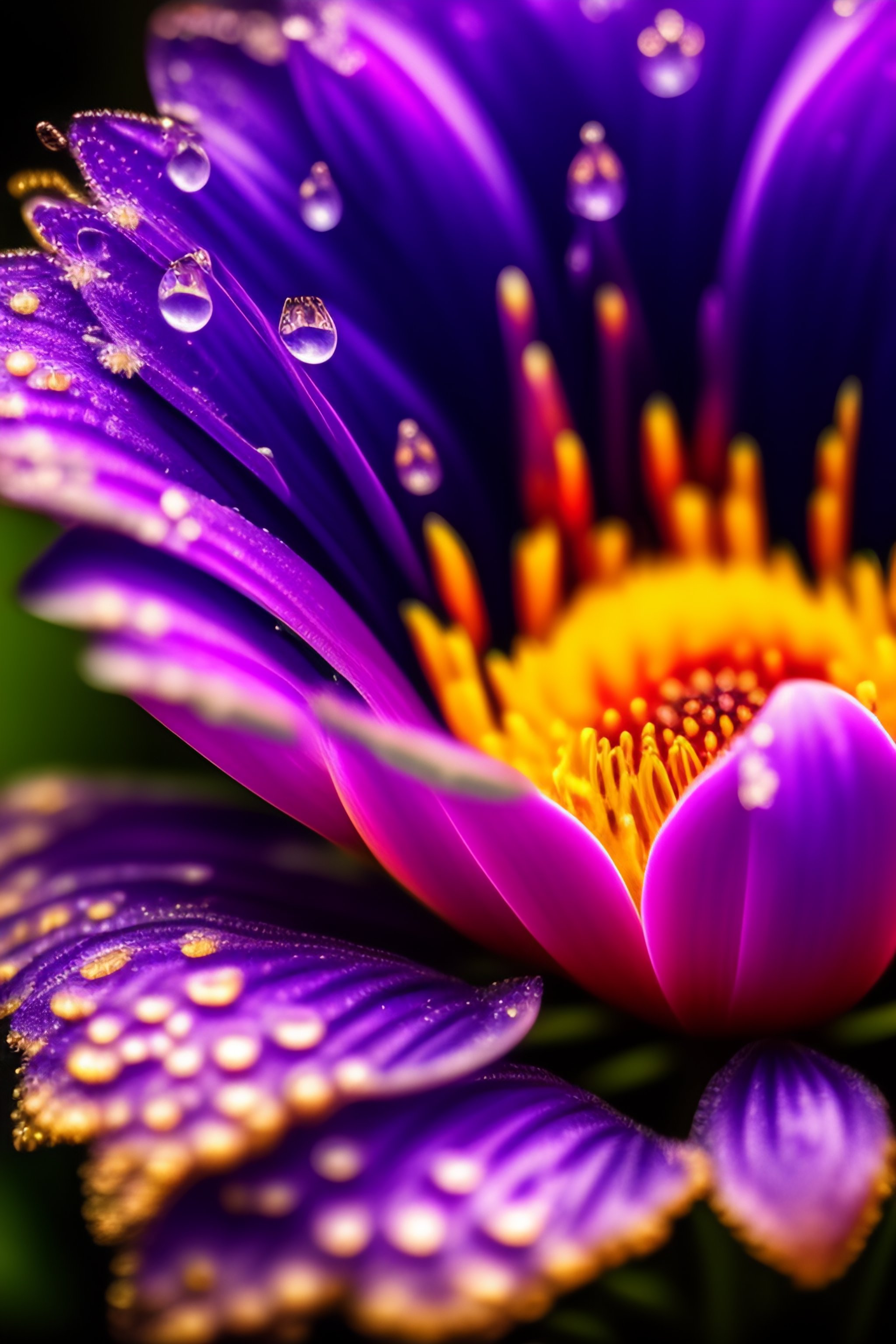 Lexica - Photorealistic dslr macro photo of a purple flower with dew on ...