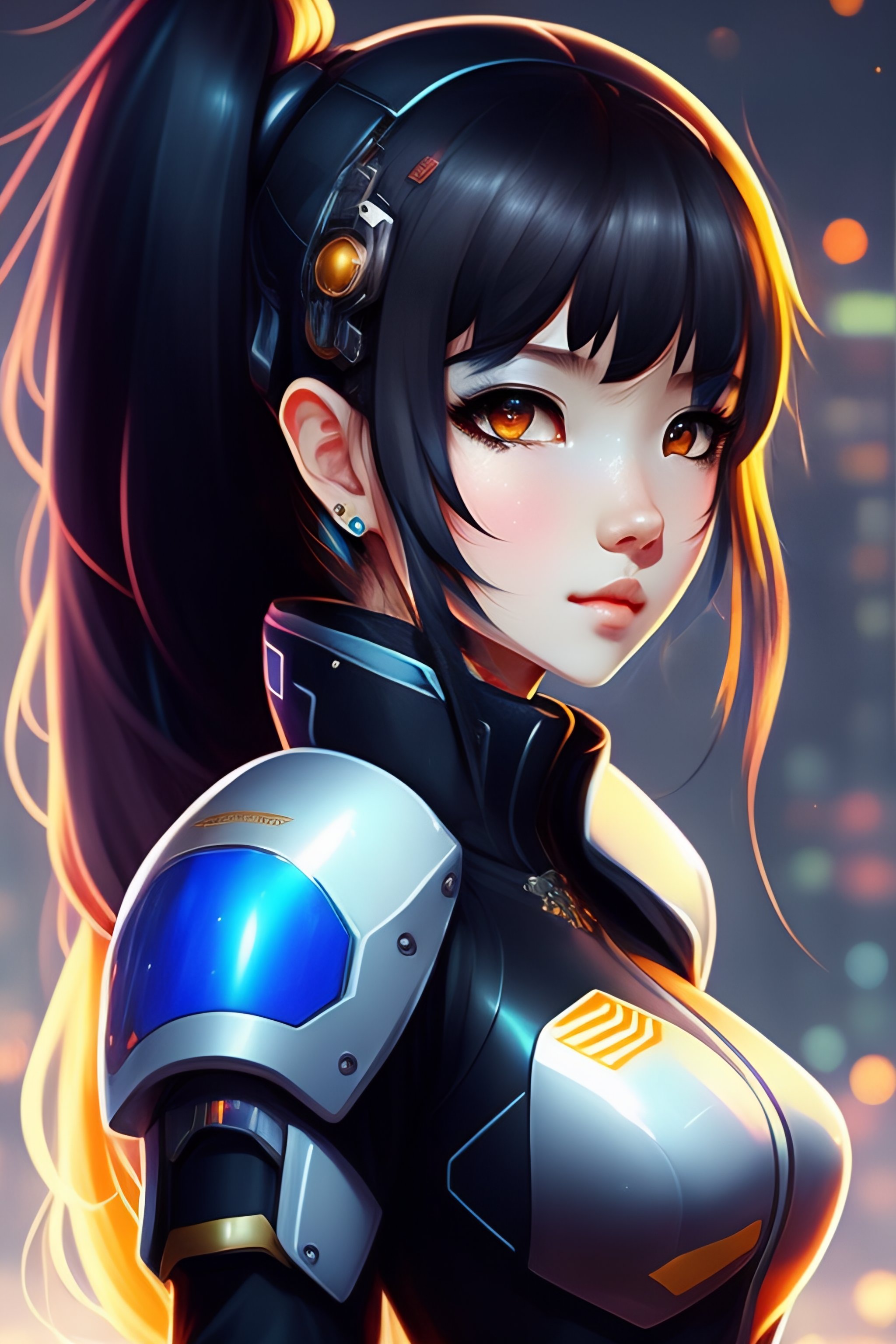 Lexica - Black and blue mecha, 11-year-old girl, elf ears, black hair ...