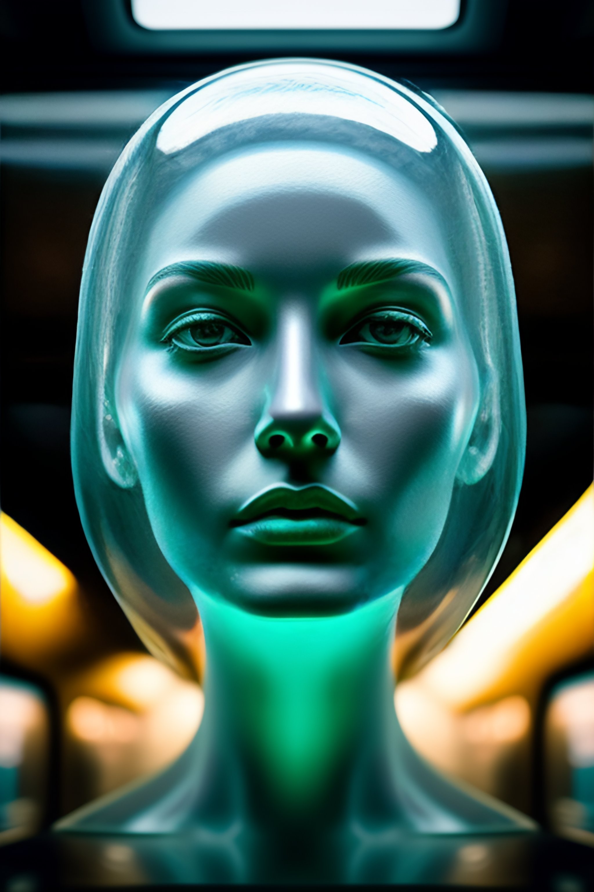 Lexica - Face of a Alien woman in glass statue , in a subway