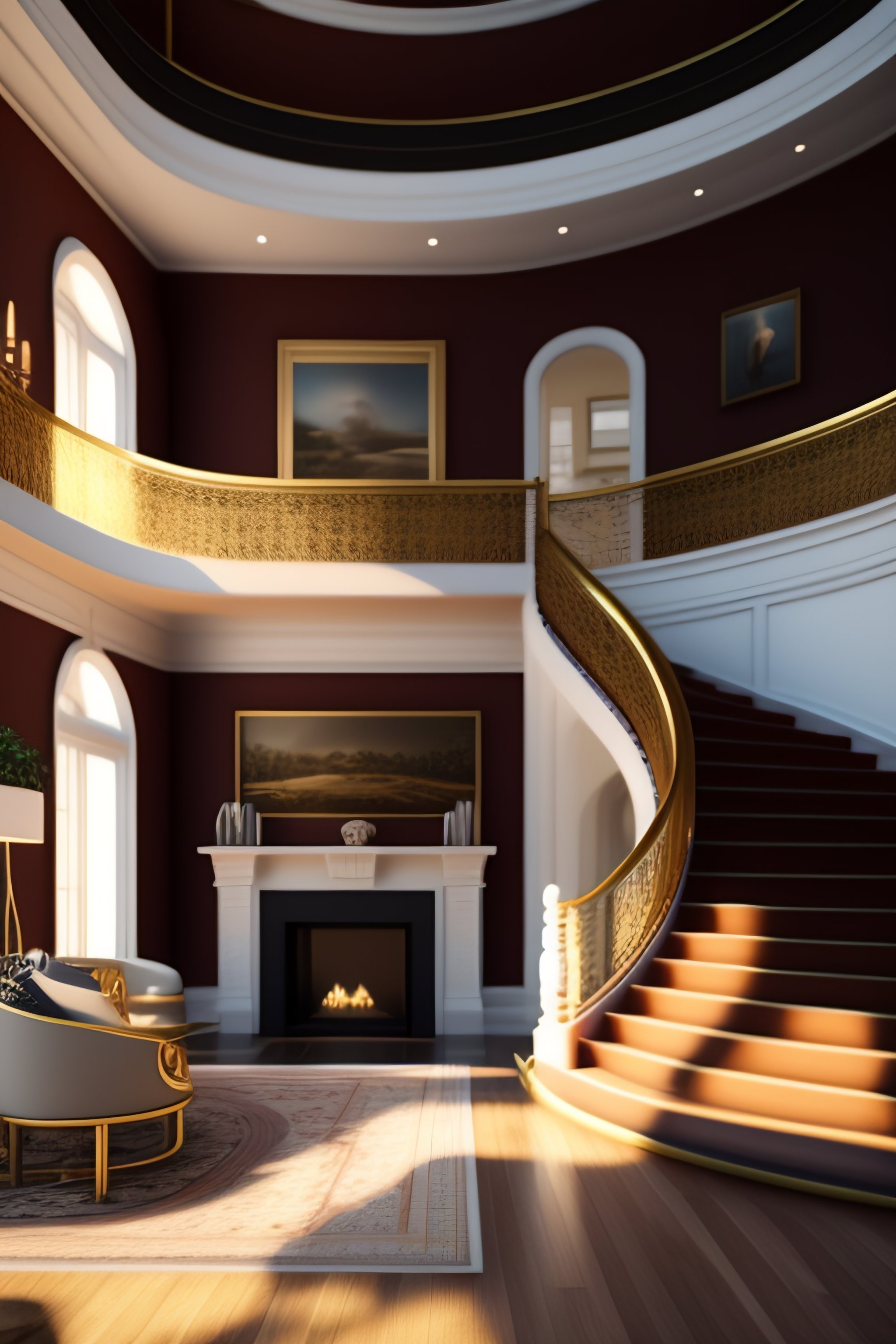 Lexica - Interior of a 2 story house with curved stairs, objects ...
