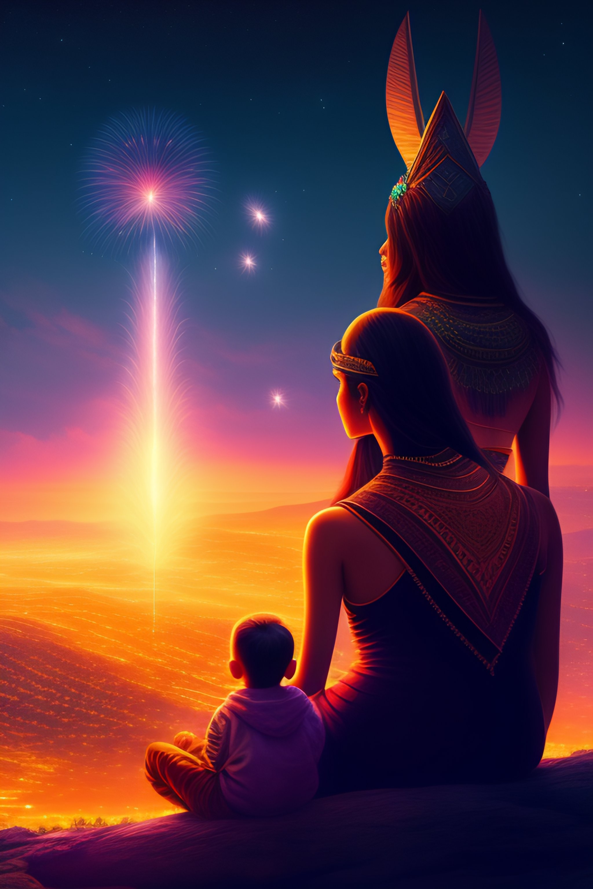 Lexica - Indian family sitting on a hill watching fireworks above los ...