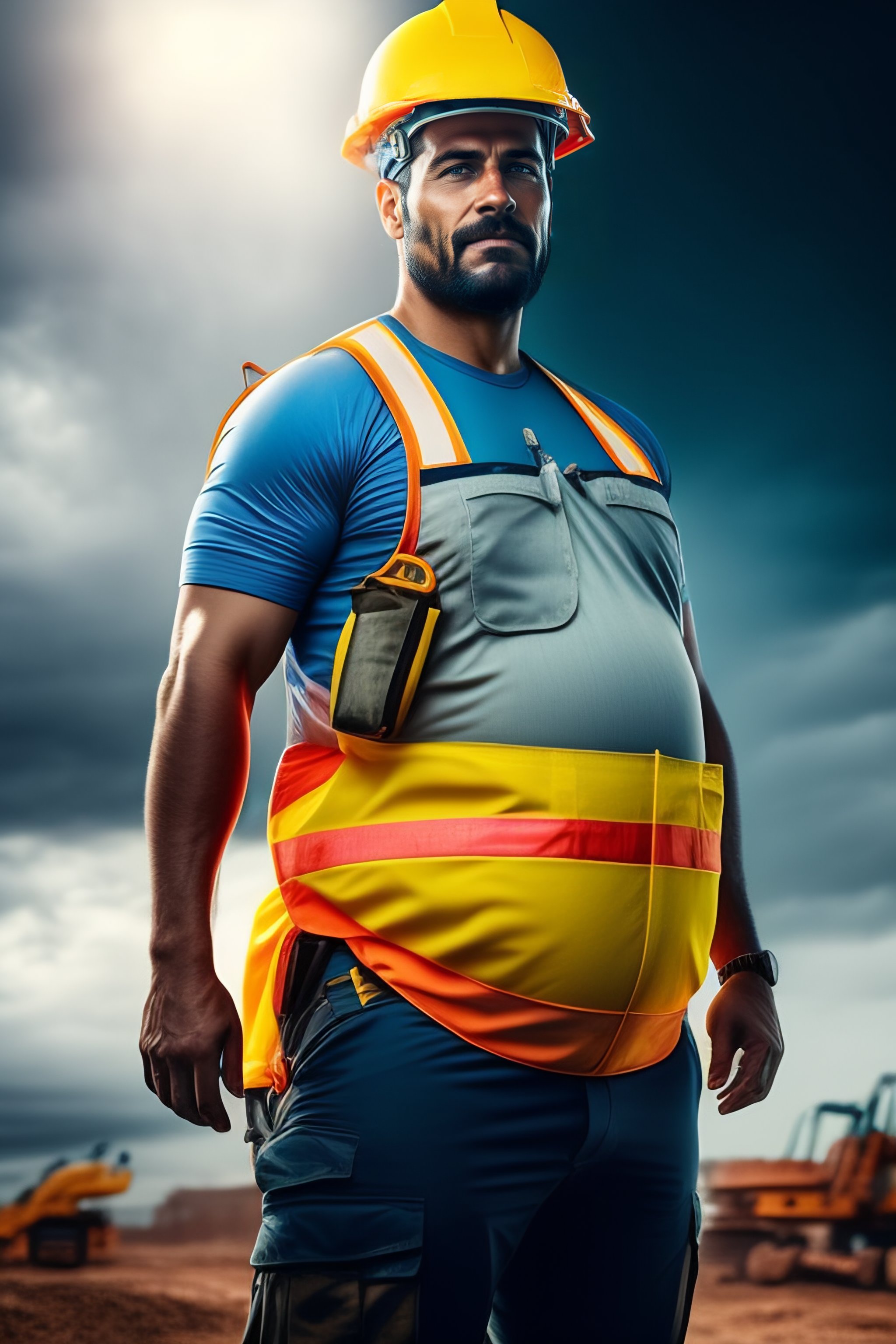 Lexica - A construction worker, with a (large round belly), amateur photo