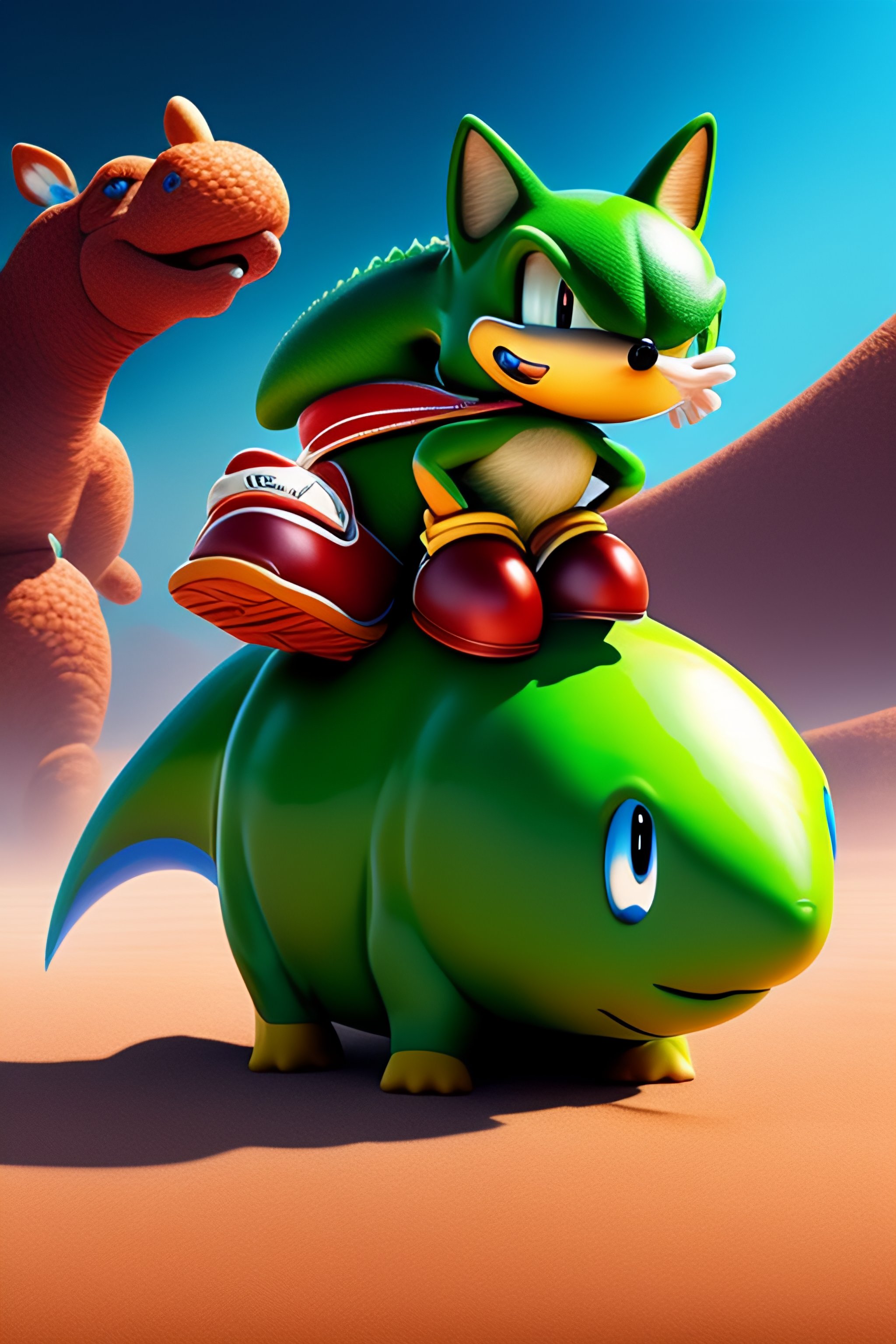 Lexica - Sonic riding on top of Yoshi the dinosaur