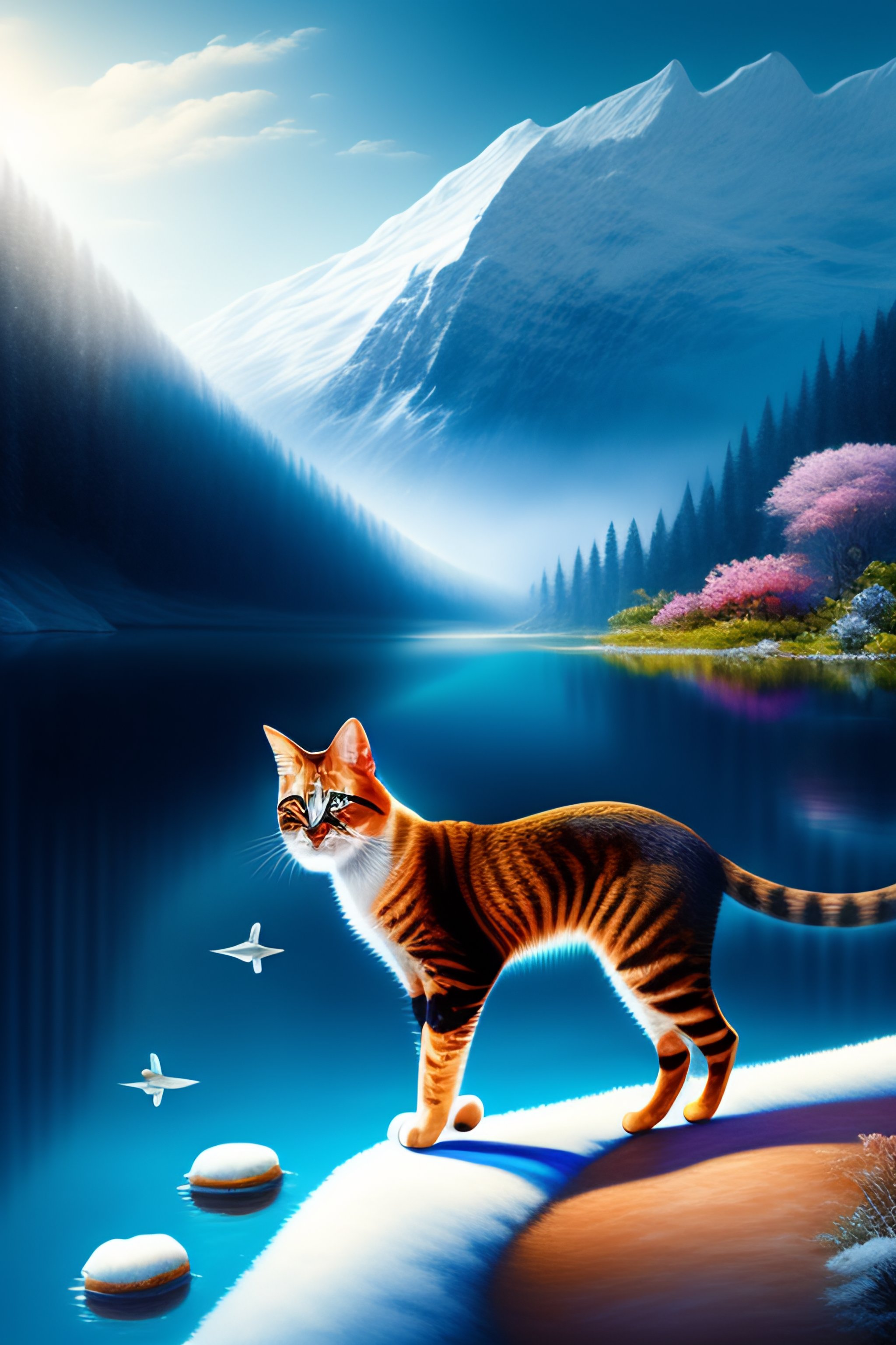 Lexica - A cat below a shine river between snowing mountain and a blue ...