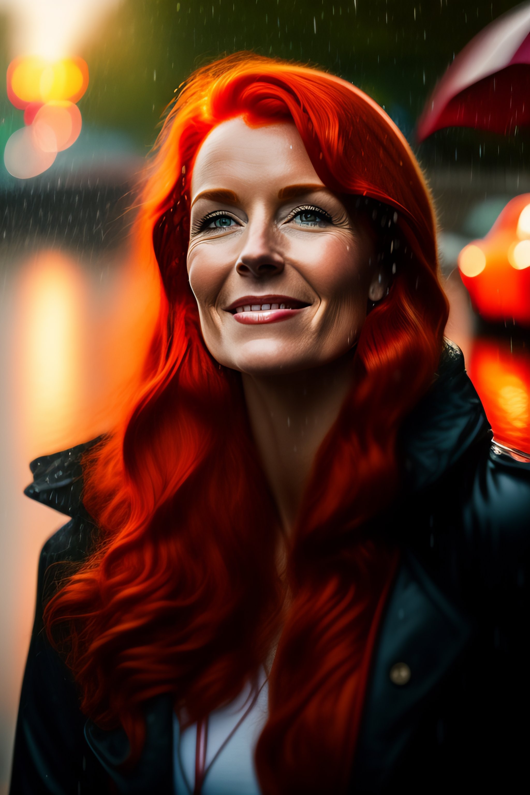 Lexica - The portrait of a red-haired woman in the rain, look up ...